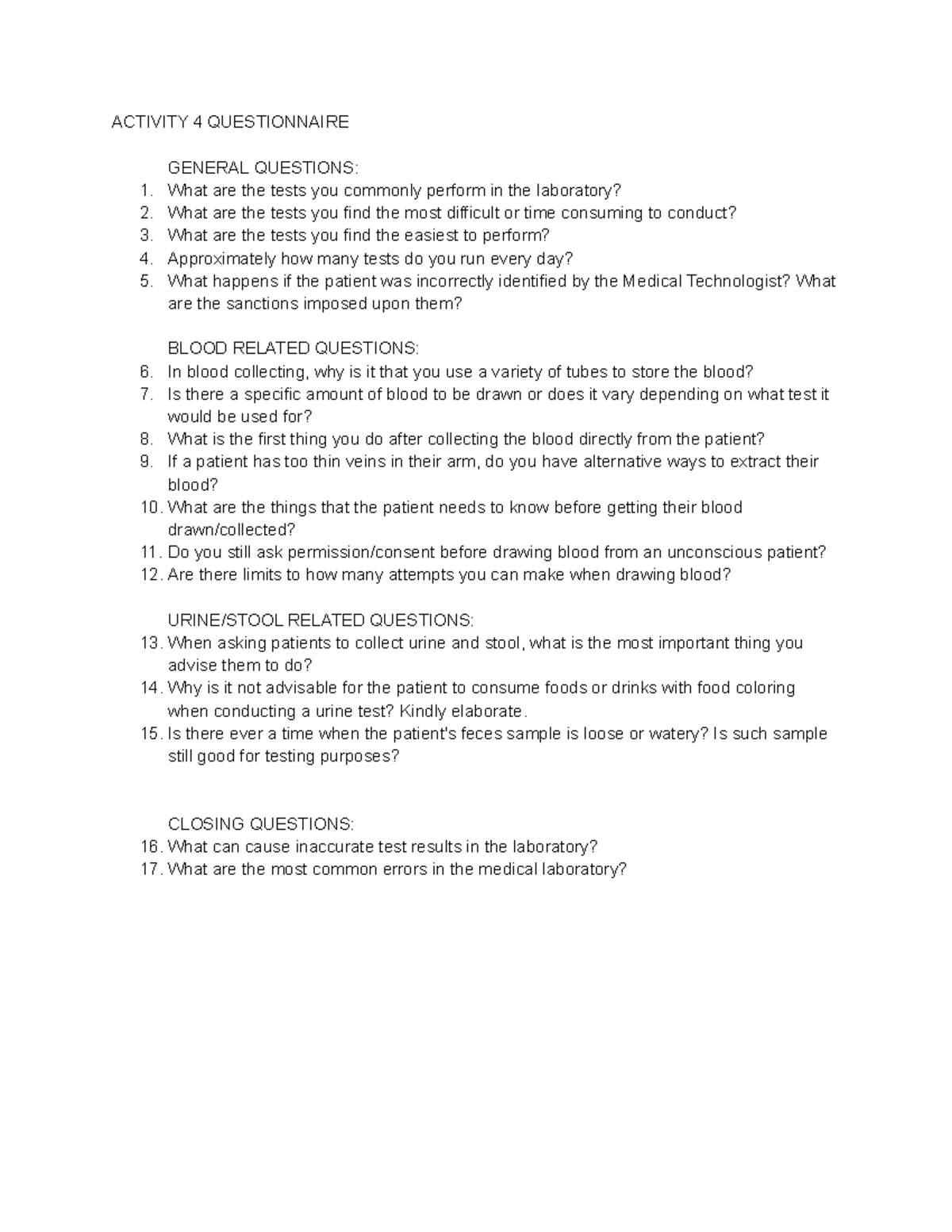 Activity 4 Questionnaire - ACTIVITY 4 QUESTIONNAIRE GENERAL QUESTIONS ...