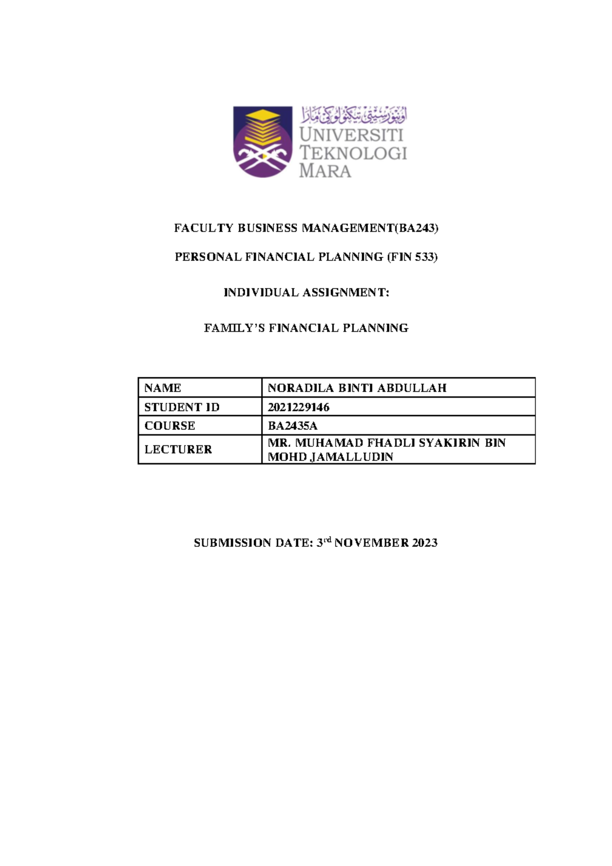 FIN533 Financial Planning - FACULTY BUSINESS MANAGEMENT(BA243) PERSONAL ...