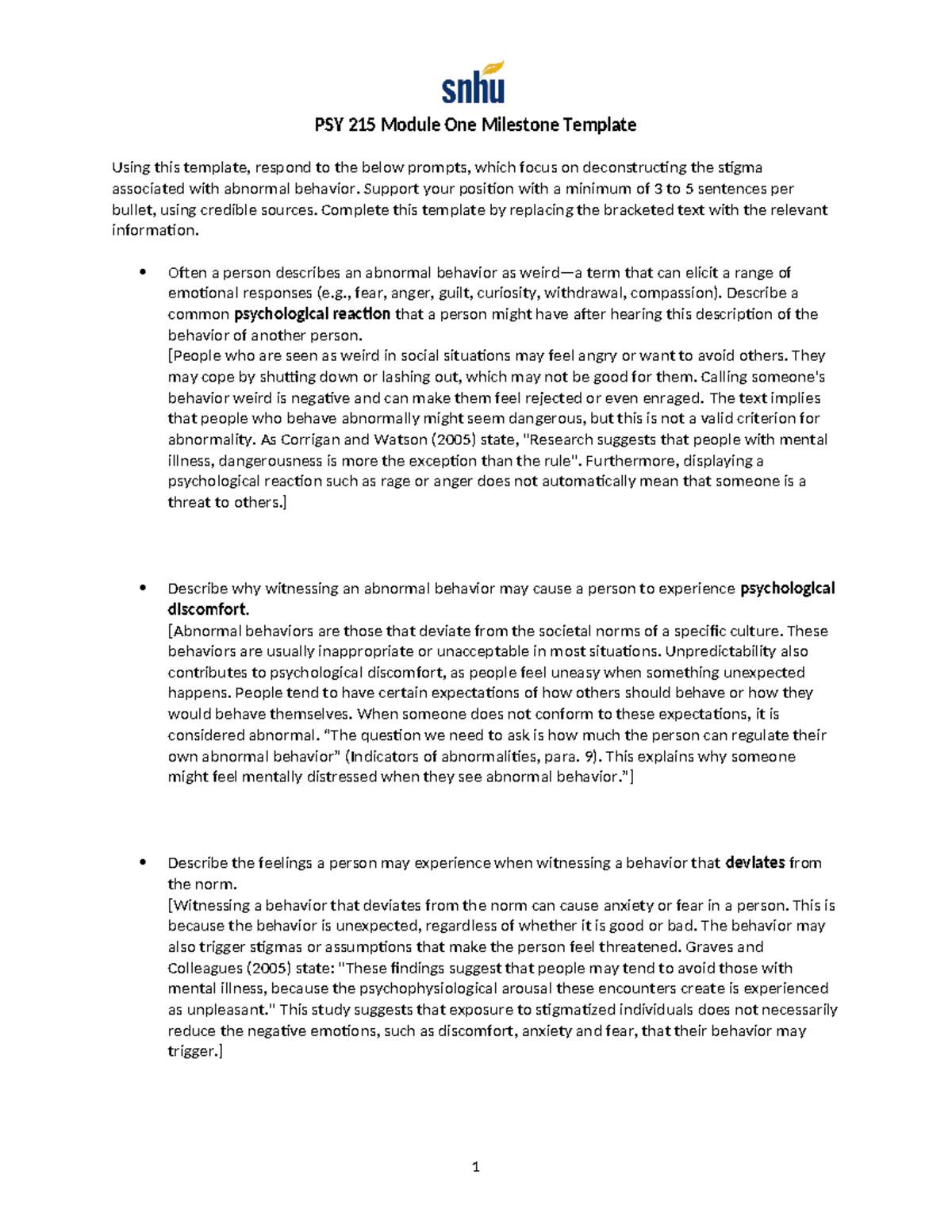 Abnormal Psycholoy 1-2 - PSY 215 Module One Milestone Template Using ...