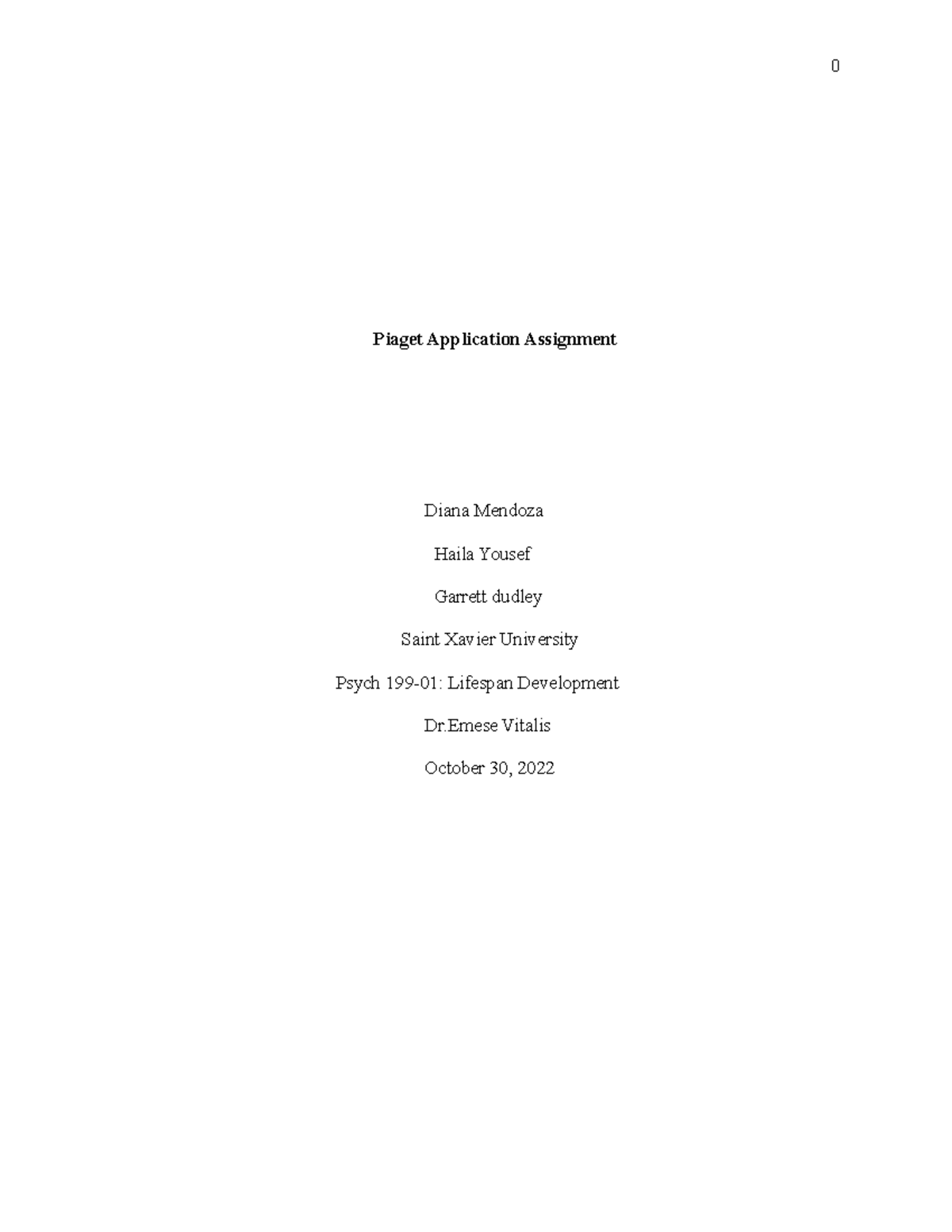 Piaget’s Application Assignment - 0 Piaget Application Assignment Diana ...