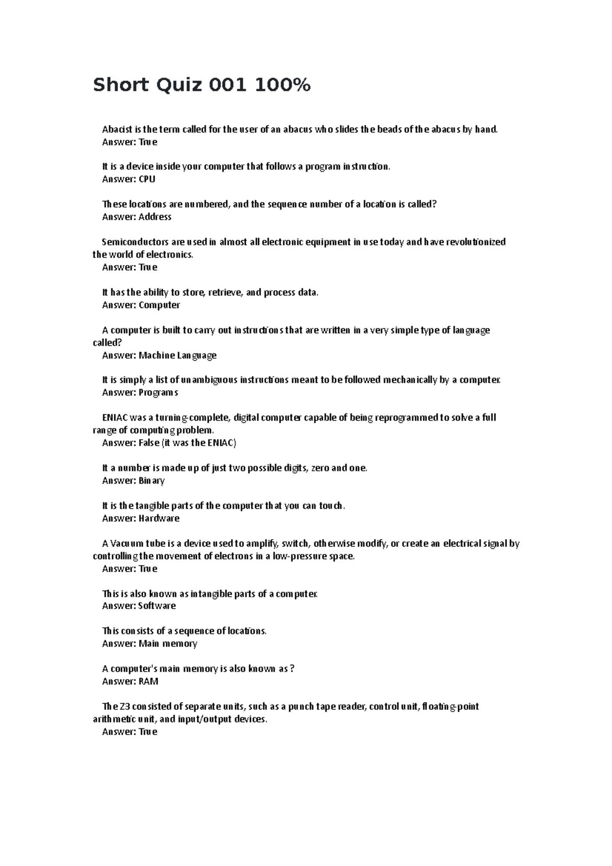 Short Quiz 001 100% - ANSWER KEY AND THEIR PERCENTAGE - Short Quiz 001 ...