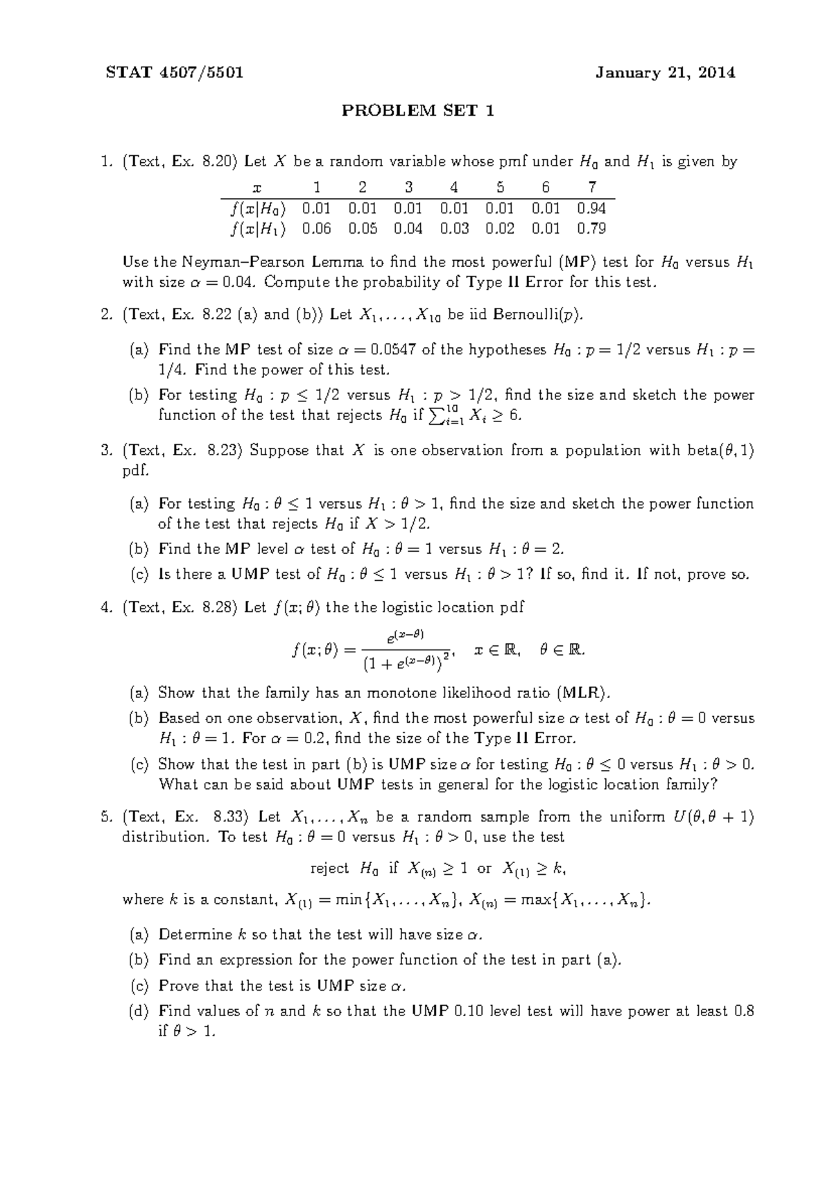 Problem Set 01 - Questions - STAT 4507/5501 January 21, 2014 PROBLEM ...