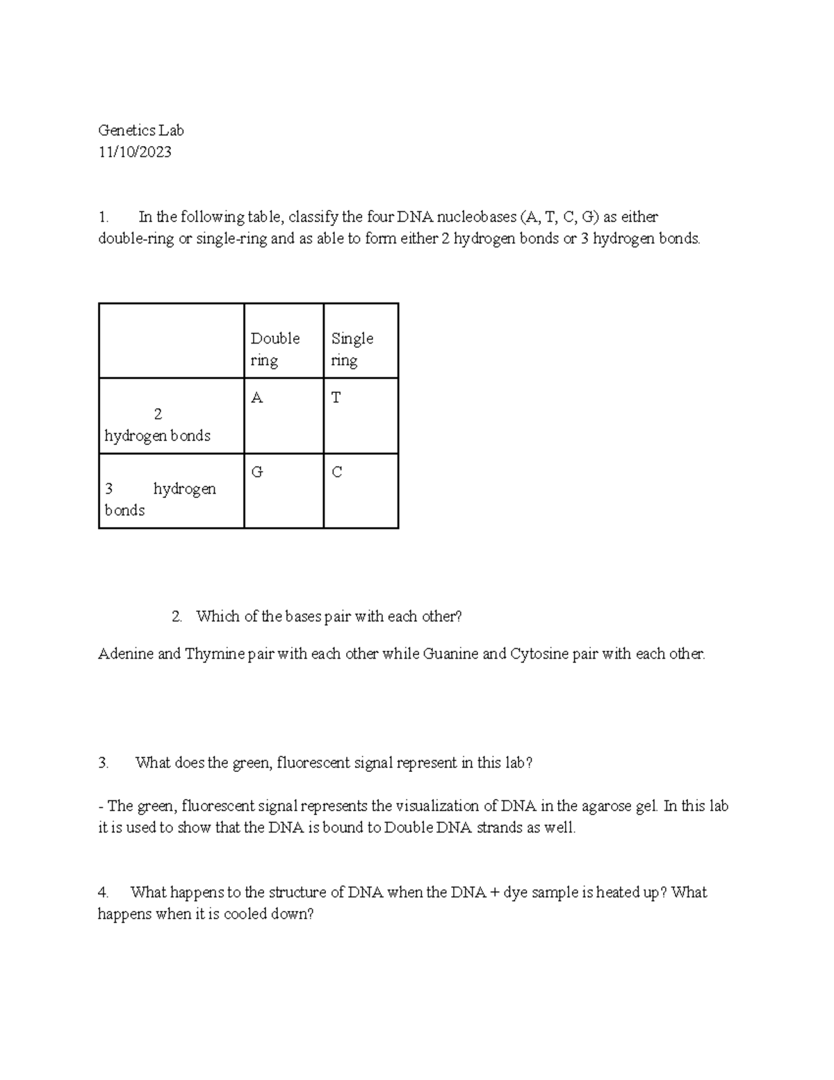 DNA GLOW crispr lab - Genetics Lab 11/10/ In the following table ...