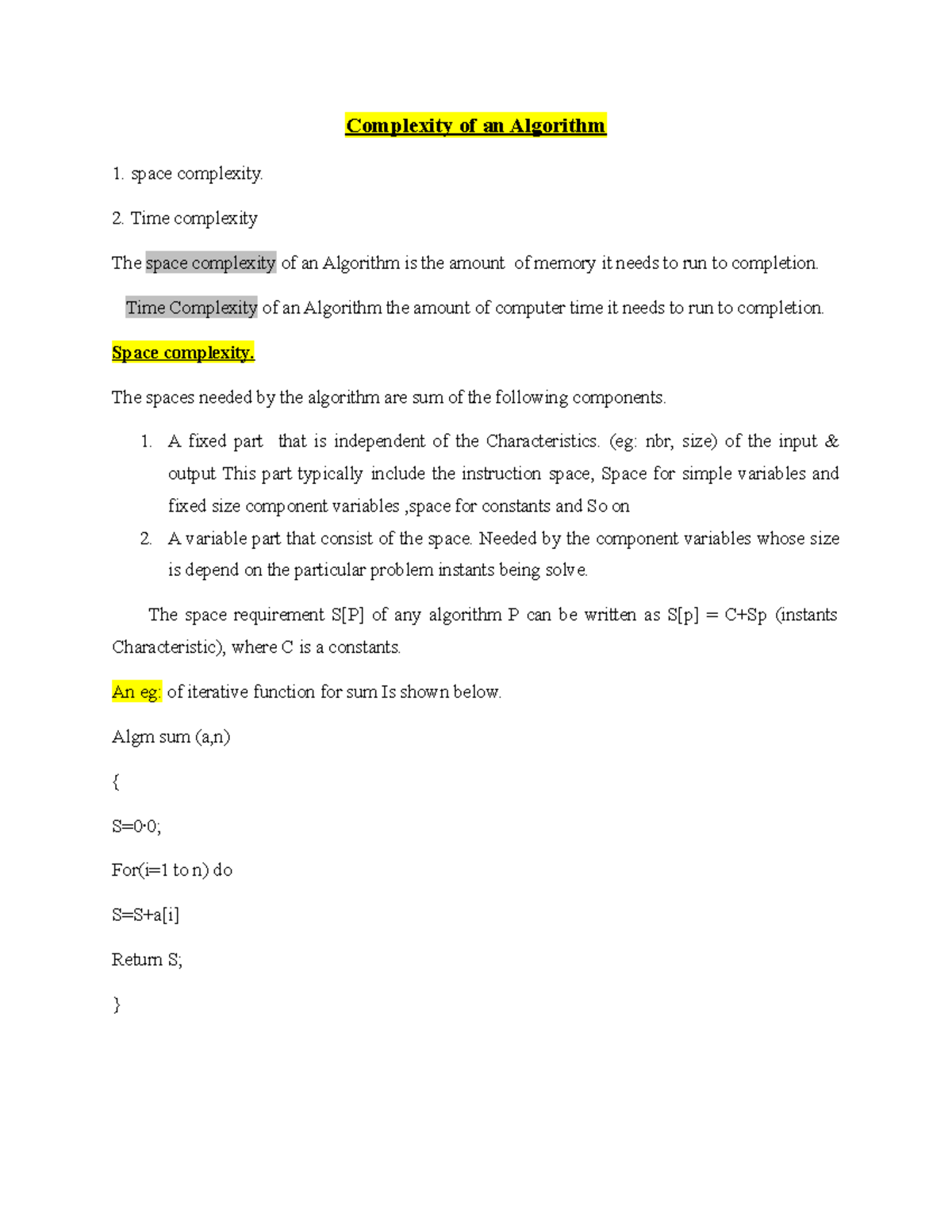 Complexity Its Lecture Notes Complexity Of An Algorithm Space