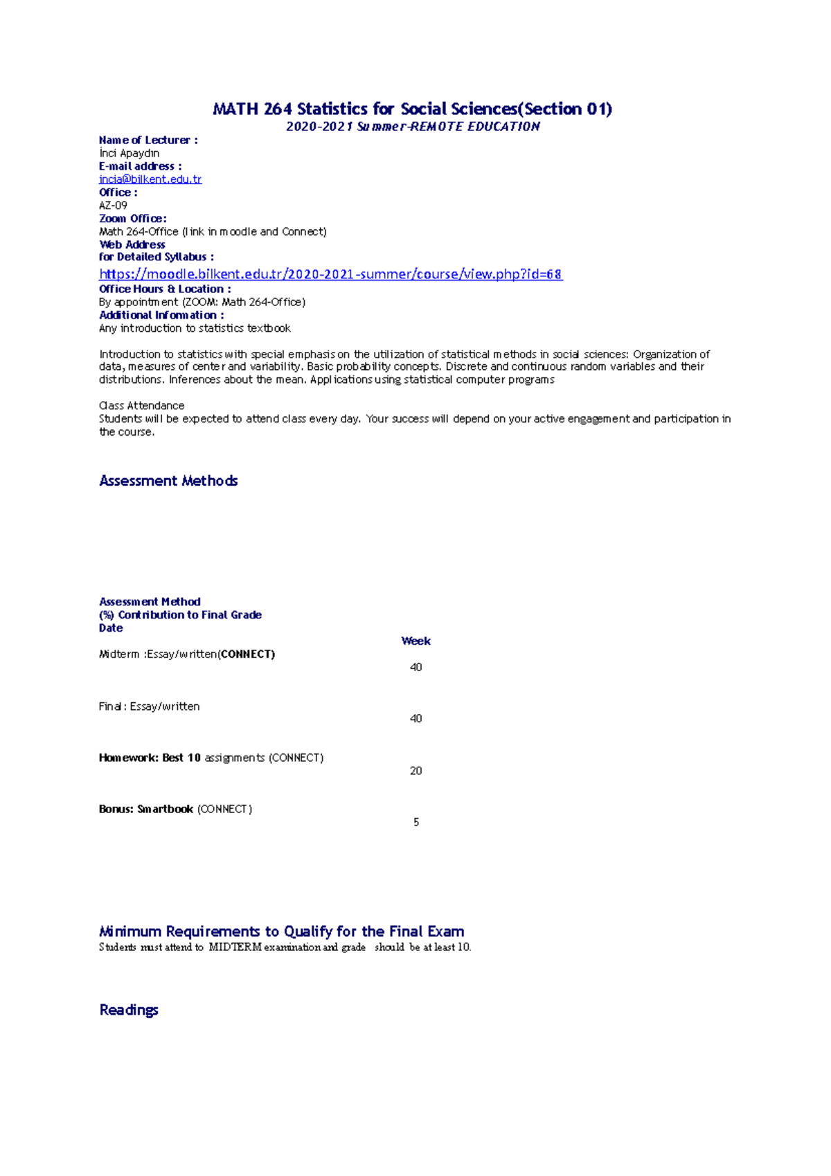 Math264 Course Outline Summer 2021 Remote Education - Statistics for ...