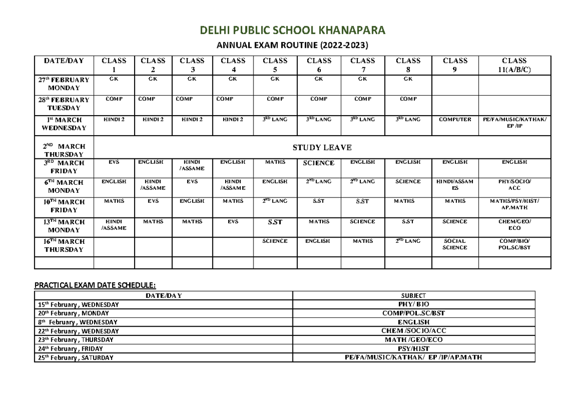 Annual Time Table - Dnkd - DELHI PUBLIC SCHOOL KHANAPARA ANNUAL EXAM ...