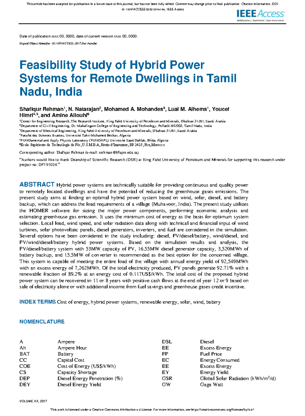 Feasibility Study of Hybrid Power Systems for Remo - 10.1109/ACCESS.2020, IEEE Access VOLUME XX ...