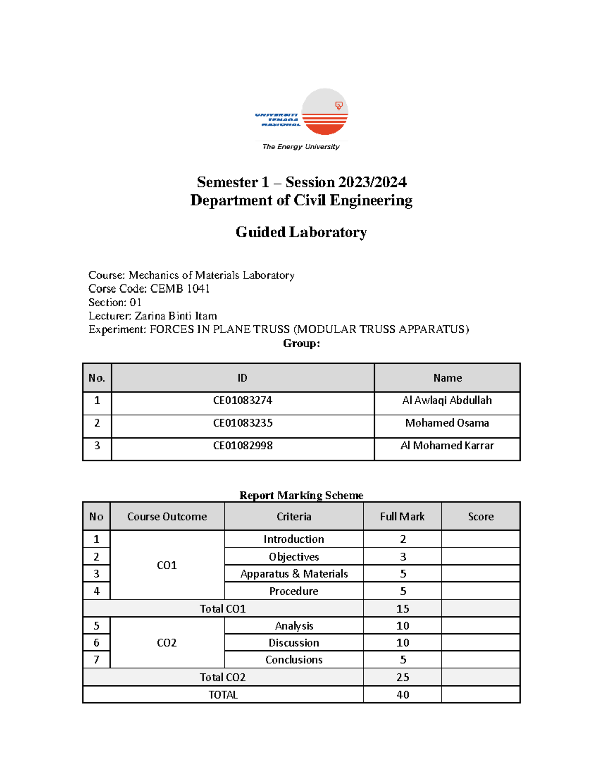 Experiment 6 - Semester 1 – Session 202 3 /202 4 Department of Civil ...