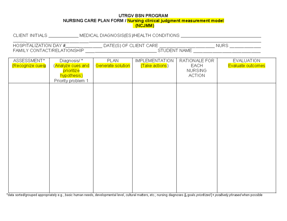 00Nursing Care Plan Form - UTRGV BSN PROGRAM NURSING CARE PLAN FORM ...