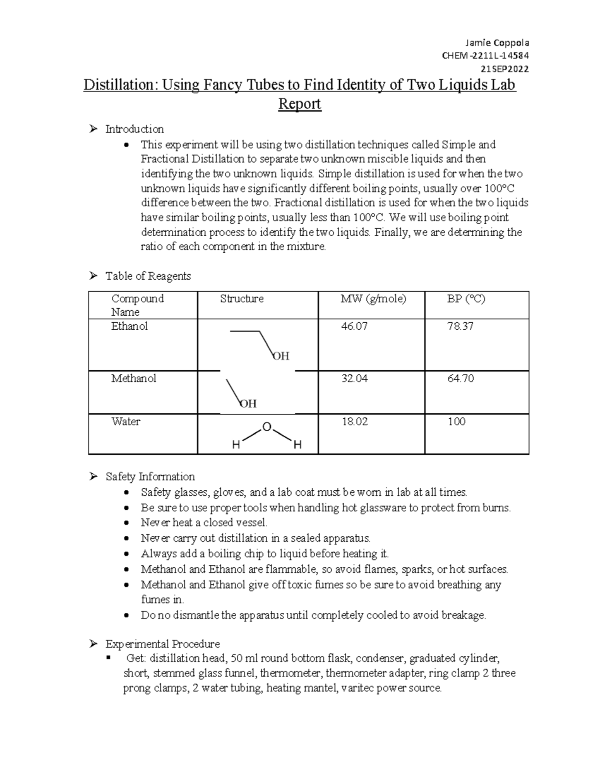 Pre-Lab Distillation - Jamie Coppola CHEM-2211L- 21SEP Distillation ...