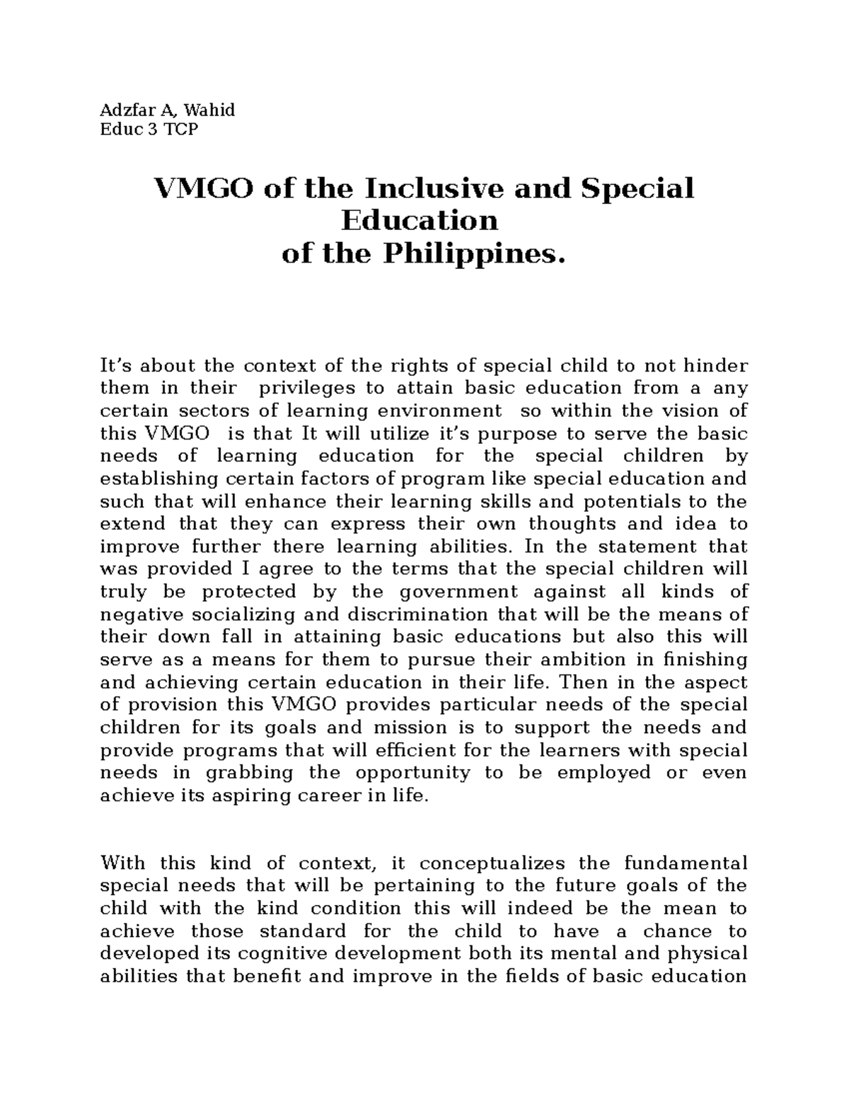 VMGO of the Inclusive and Special Education explanation(Adzfar Wahid ...