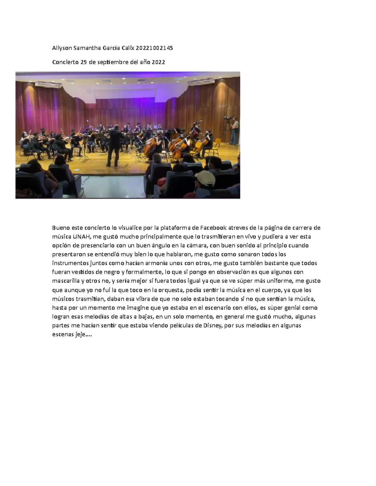 Asistencia a concierto - Allyson Samantha García Calix 20221002145 ...