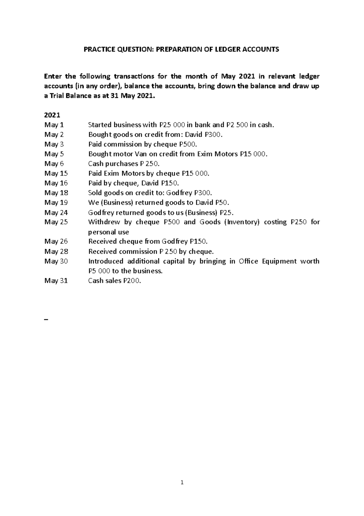 Practice Question AND Answer Preparation OF Ledger Accounts PRACTICE