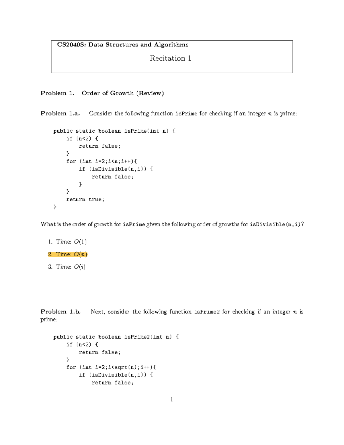 CS2040S Recitation 1 - CS2040S: Data Structures and Algorithms Recitation 1 Problem 1. Order of ...