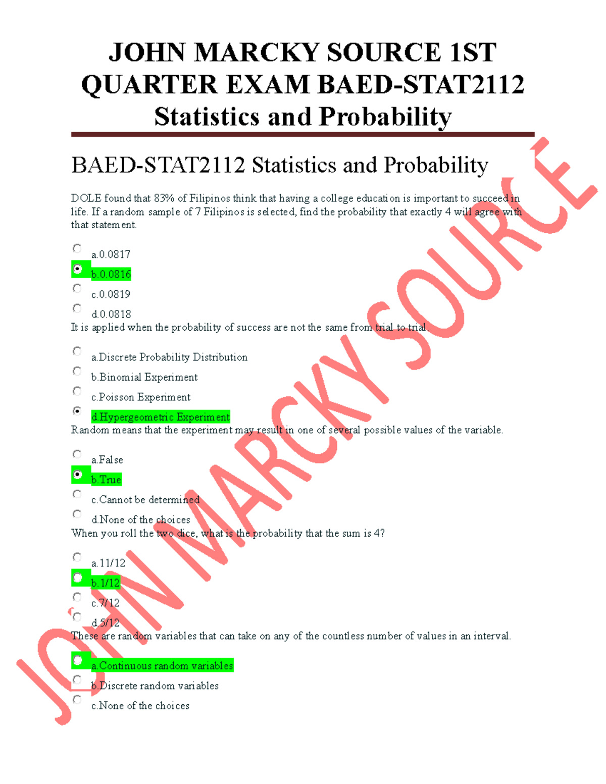 659918365 Stat2112 1st and 2nd Quarter Exam - QUARTER EXAM BAED-STAT Statistics and Probability ...
