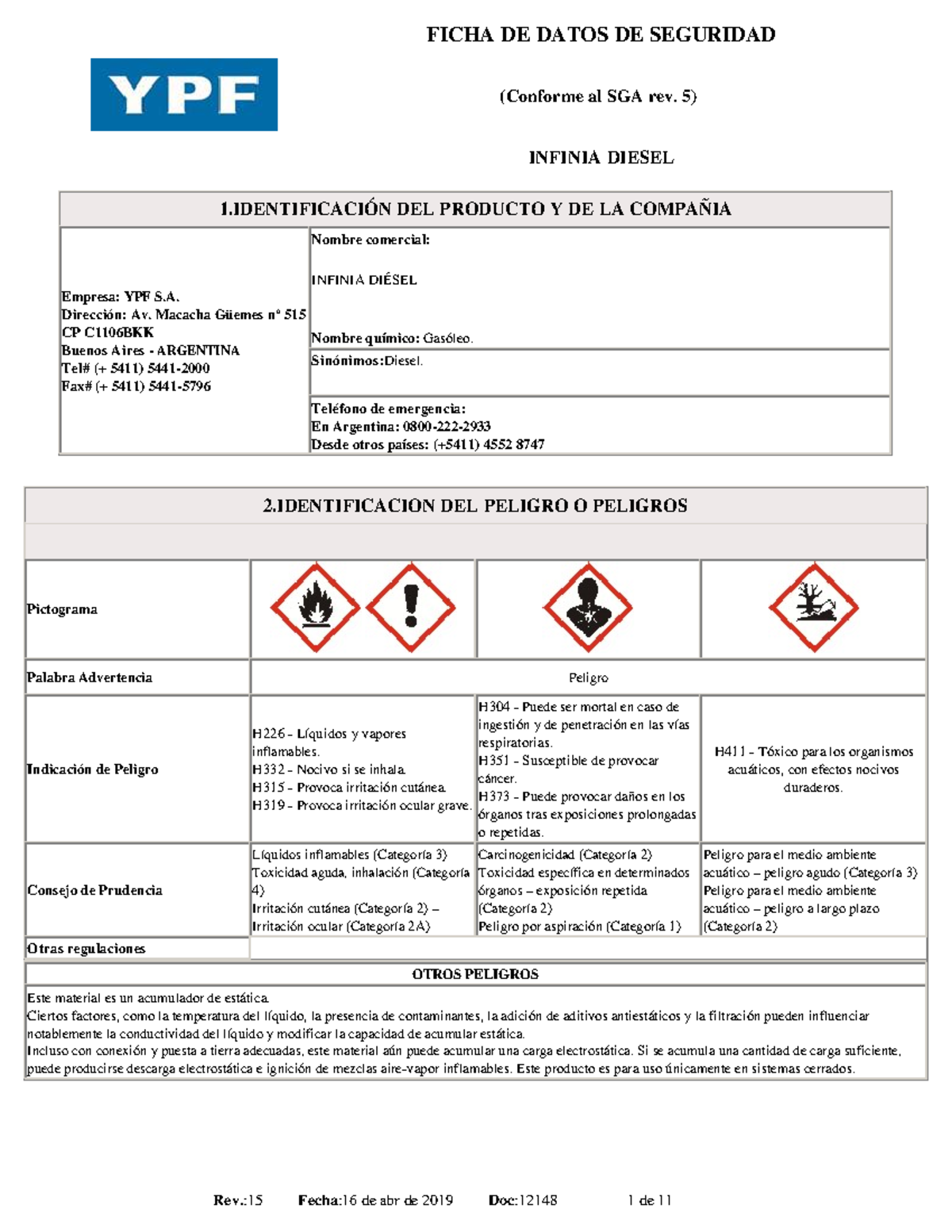 FDS Diesel - una - FICHA DE DATOS DE SEGURIDAD (Conforme al SGA rev. 5 ...