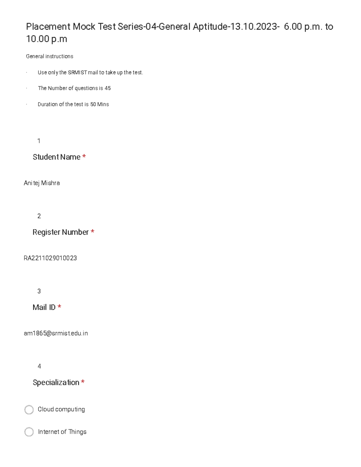 Placement Mock Test Series-04-General Aptitude-13.10.2023- 6.00 p.m. to ...