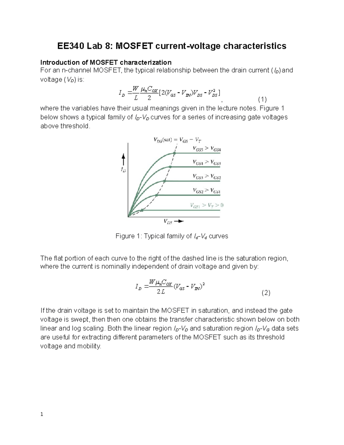 Lab 8 - Mosfet IV measurement - EE340 Lab 8: MOSFET current-voltage ...