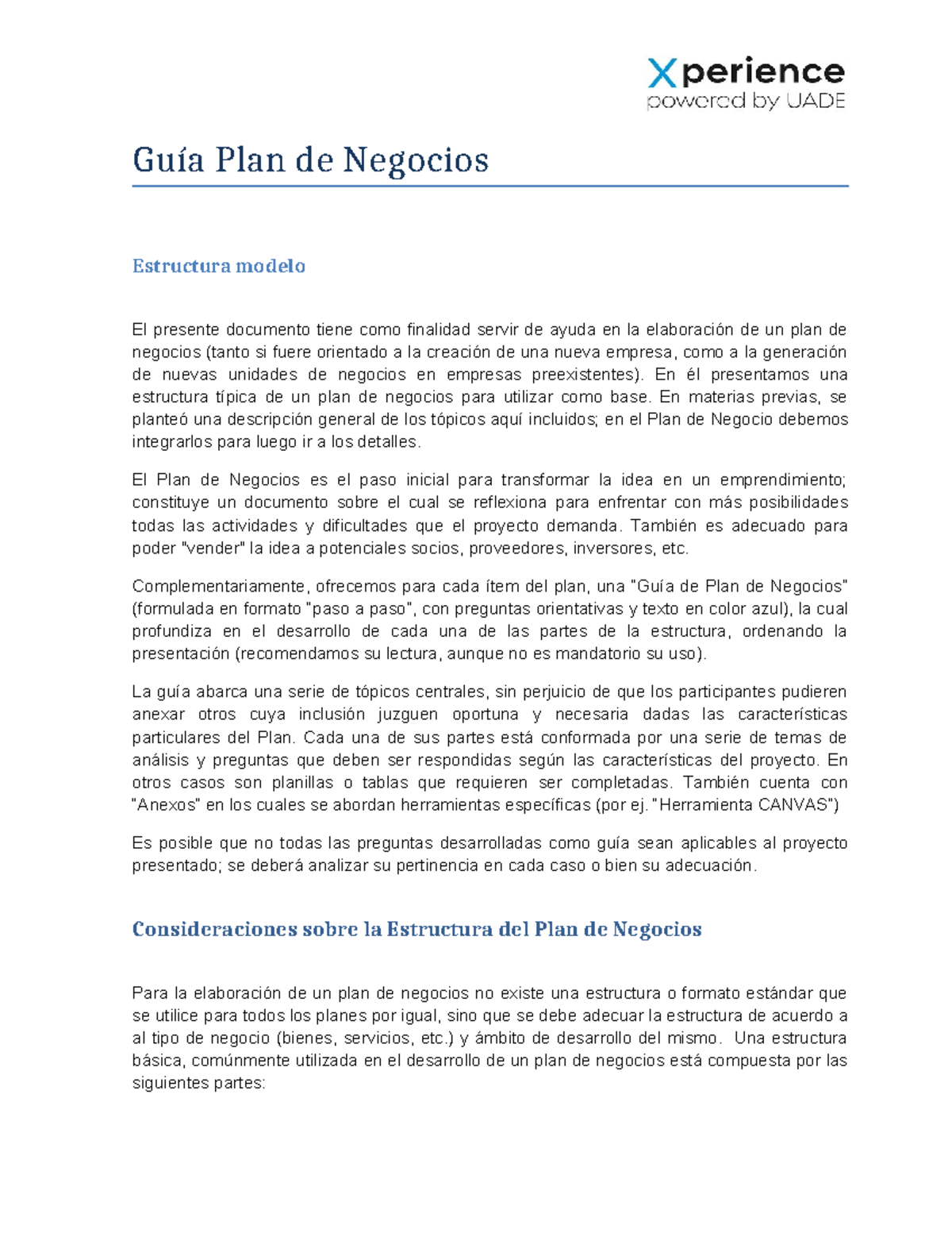 Guía de Estructura modelo de un plan de negocios - Guía Plan de ...