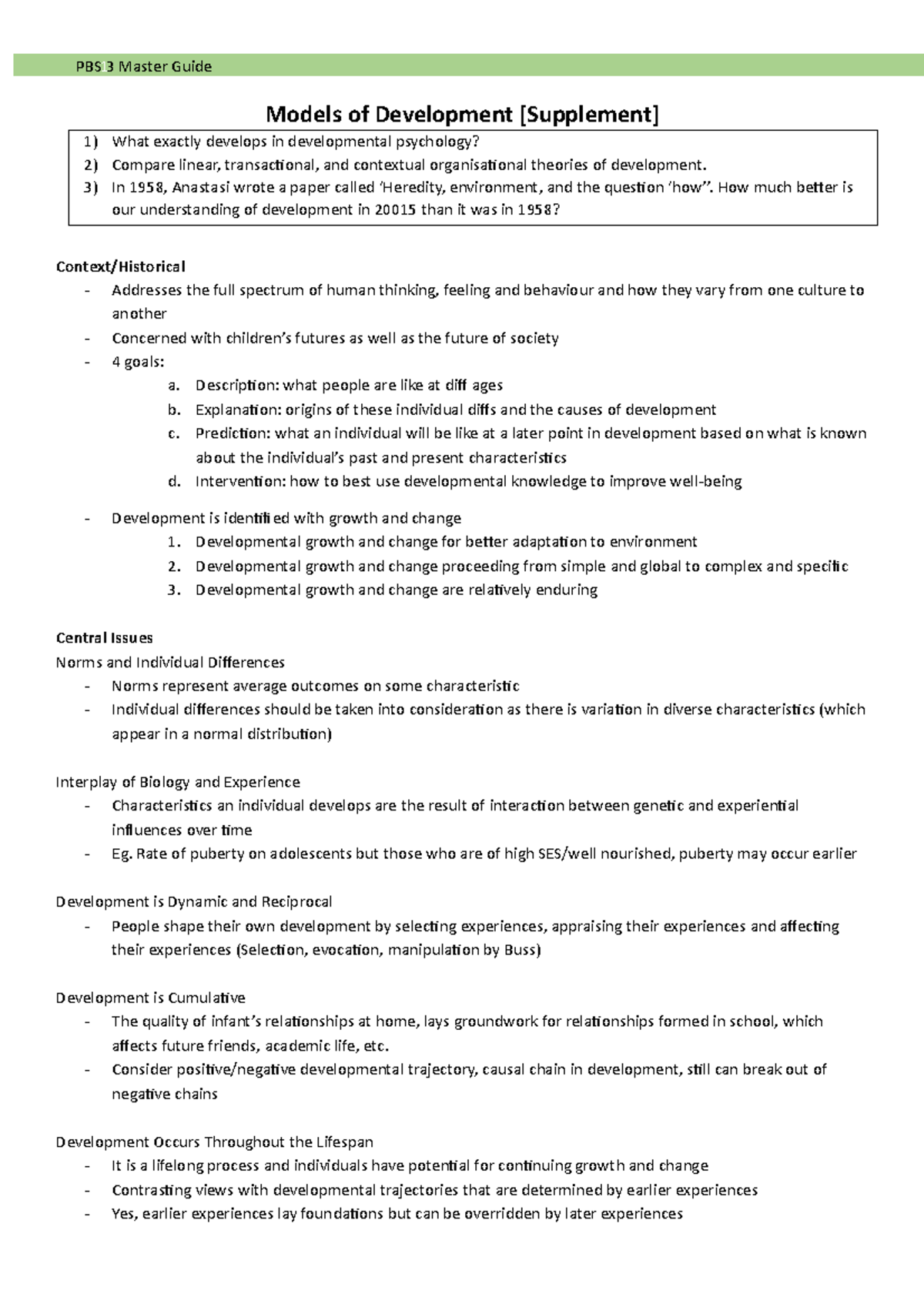 PBS 3 Master Guide - Summary Psychology - Models of Development 1) What ...