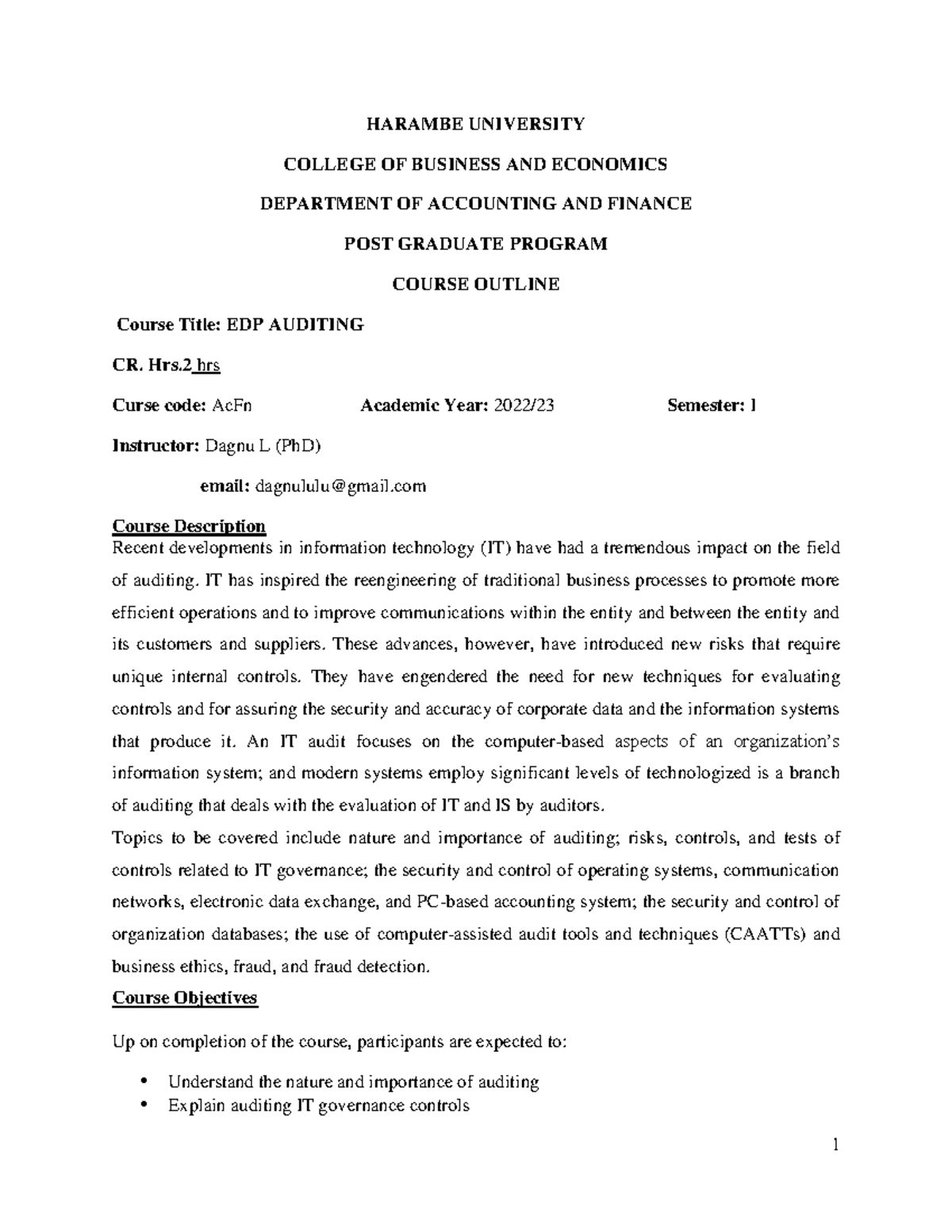 EDP Courseoutline - EDP Auditing Instructor: Dagnu L.(PhD) - HARAMBE ...