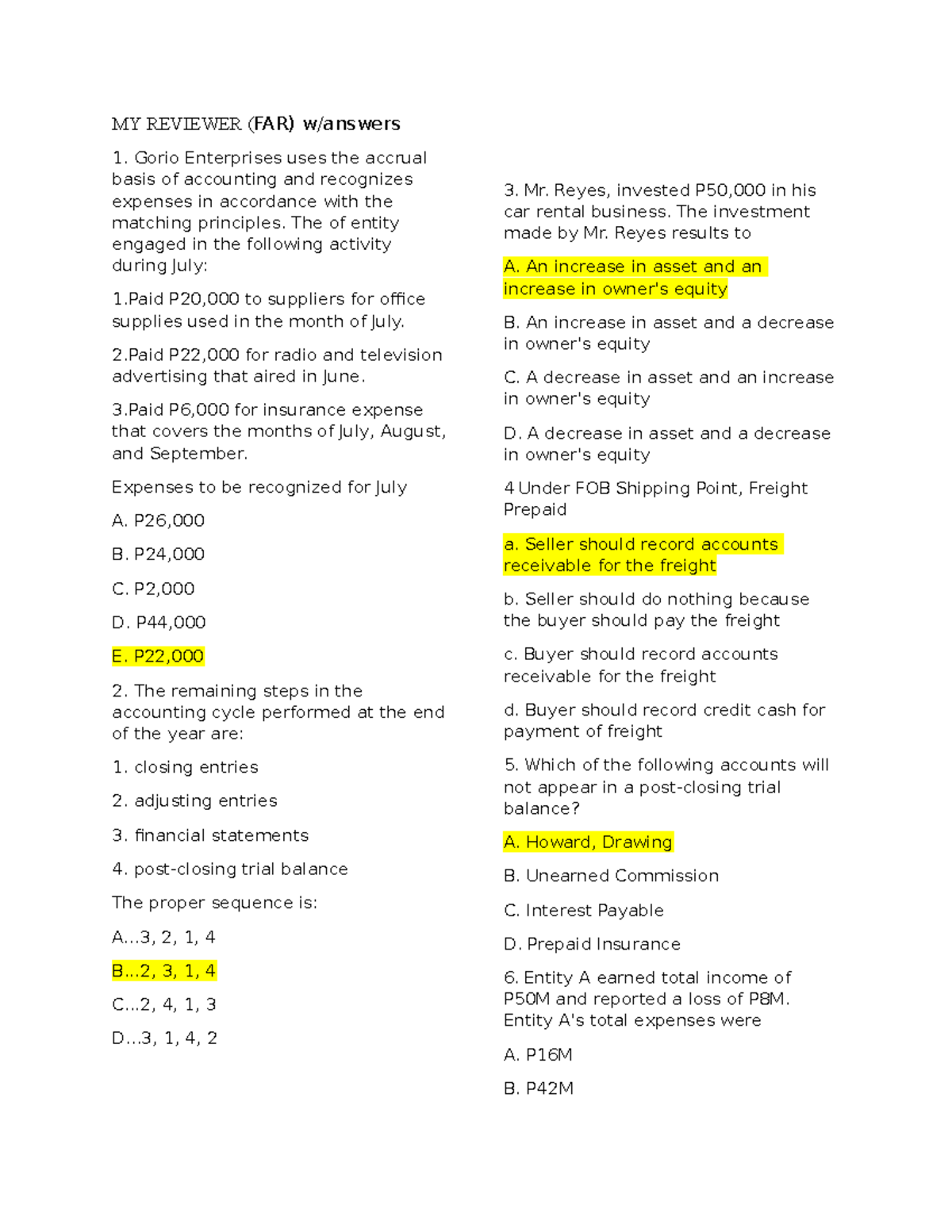FAR Revieweer Prelim - FAR QUIZ REVIEWER - MY REVIEWER (FAR) w/answers ...