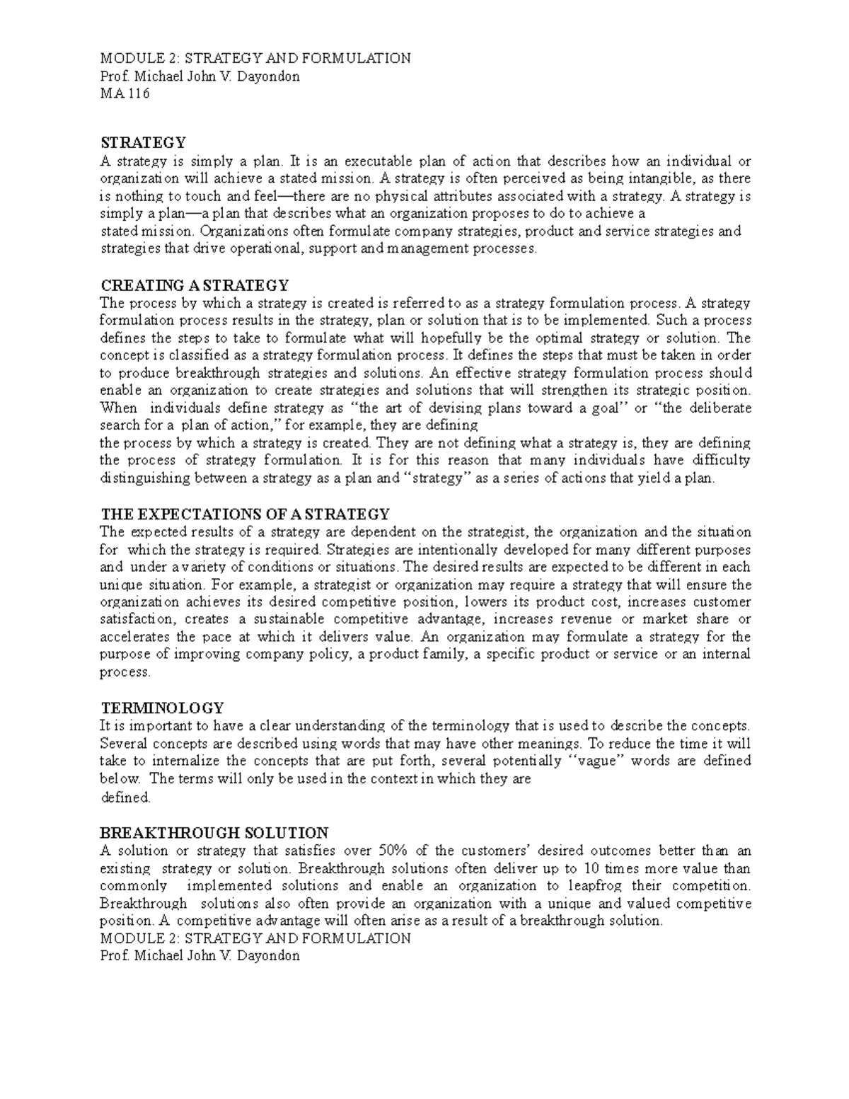 MA 116 - Module 2 - MODULE 2: STRATEGY AND FORMULATION Prof. Michael John V. Dayondon MA 116 ...