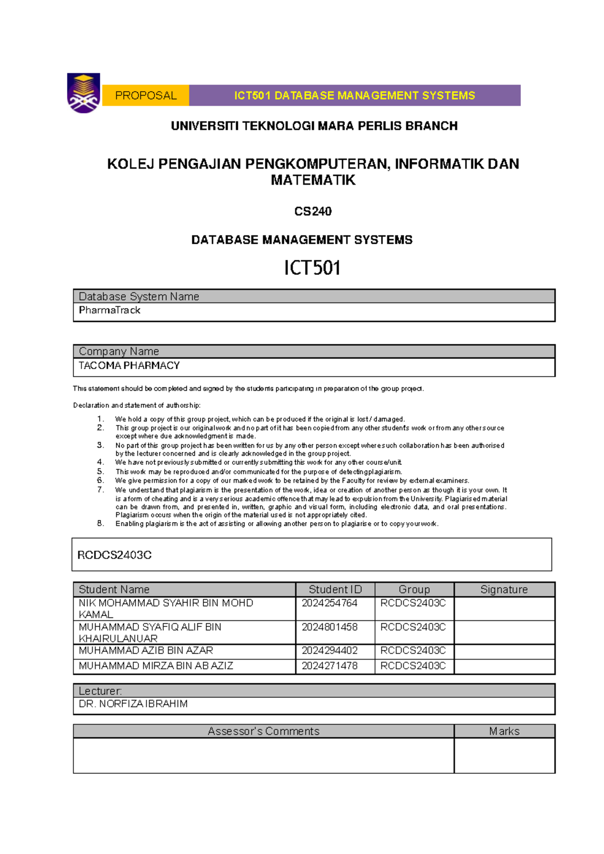 Proposal Softcopy - PROPOSAL ICT501 DATABASE MANAGEMENT SYSTEMS UNIVERSITI TEKNOLOGI MARA PERLIS ...