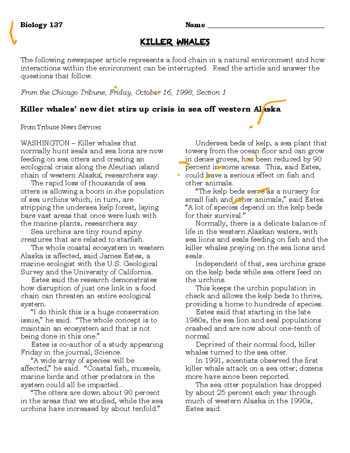 Killer Whales Article - Essential Cell Biology - Biology 137 Name
