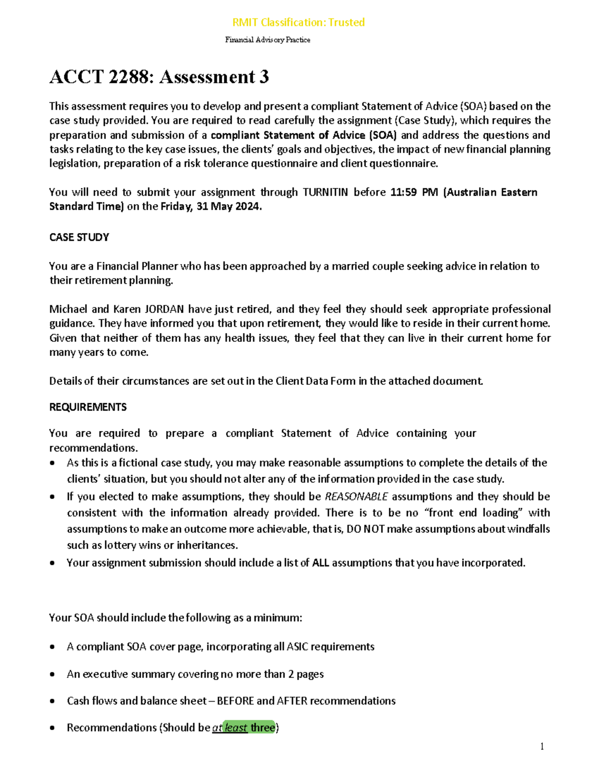 ACCT2288 S1 2024 Assessment 3-1 - Financial Advisory Practice ACCT 2288 ...