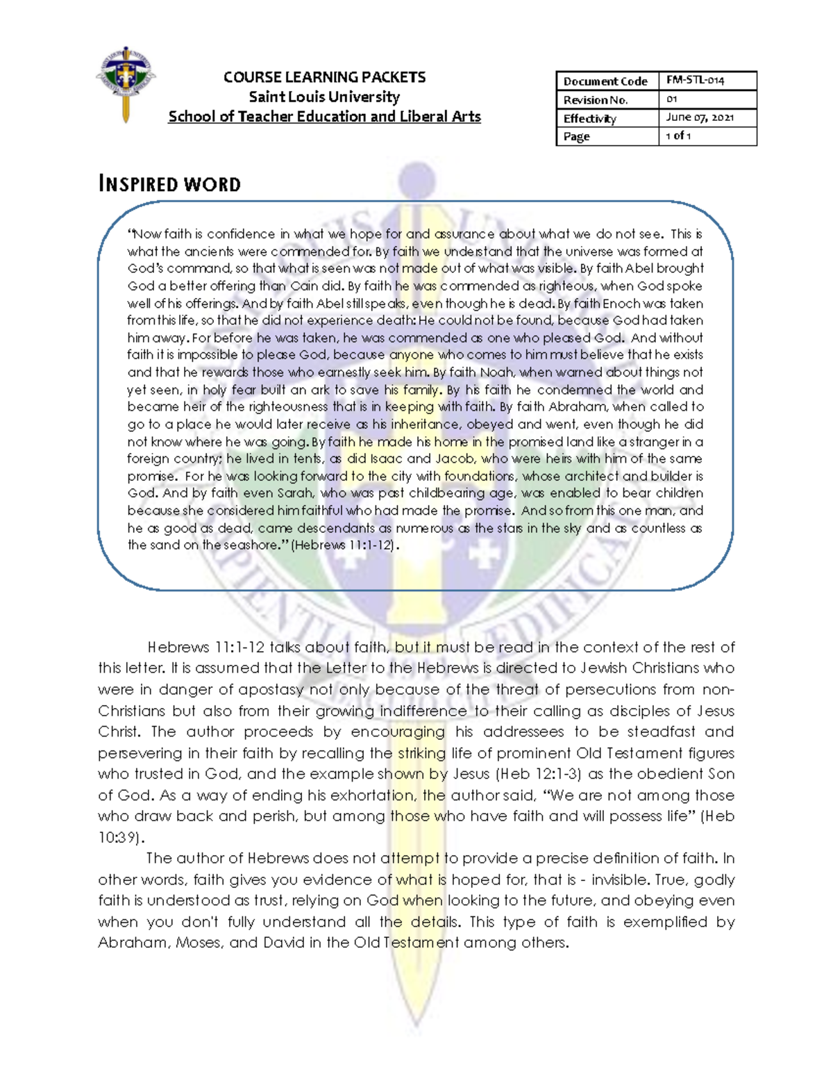 CFE 101 General Introduction Inspired Word - COURSE LEARNING PACKETS ...