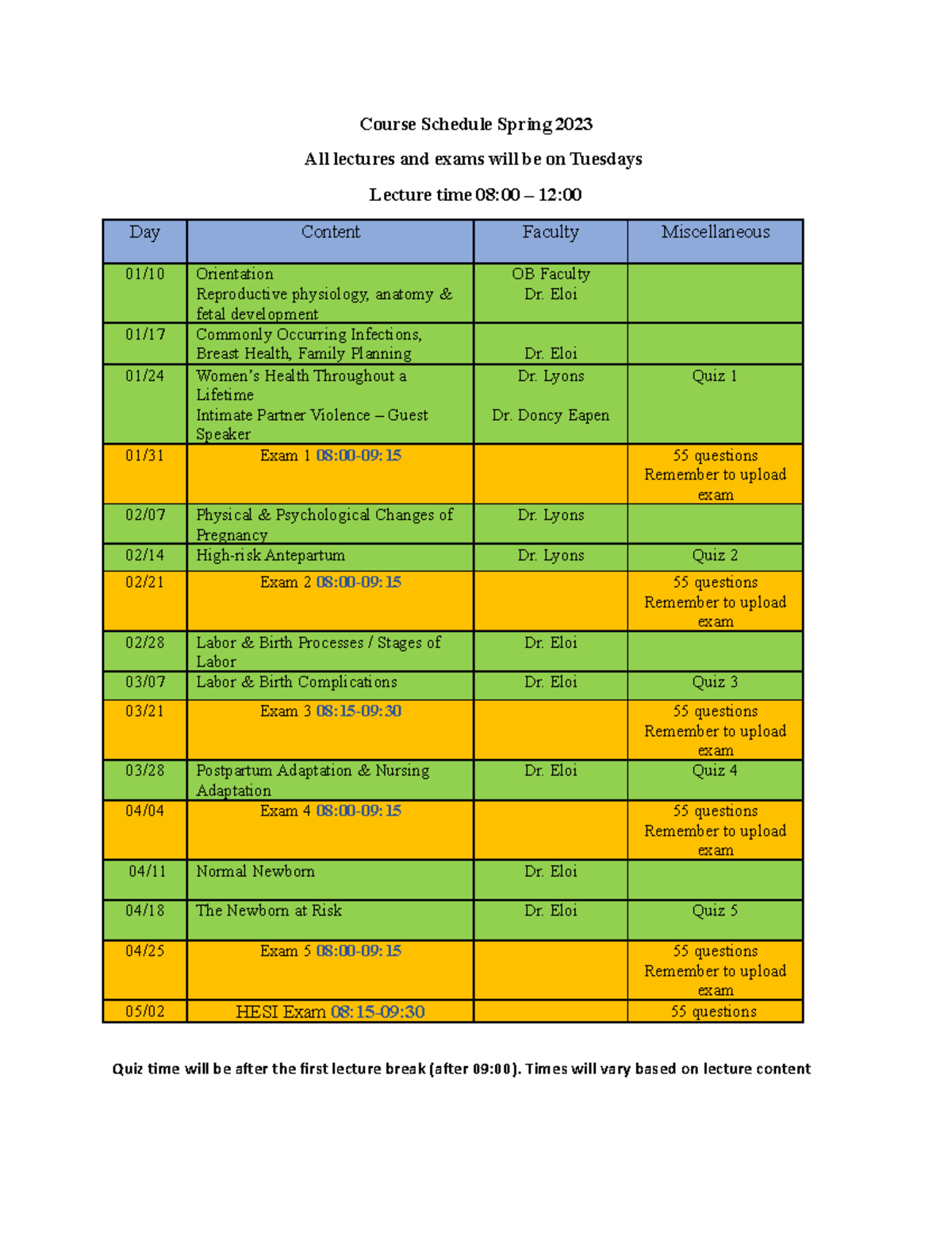 Course Schedule Practice Course Schedule Spring 2023 All Lectures