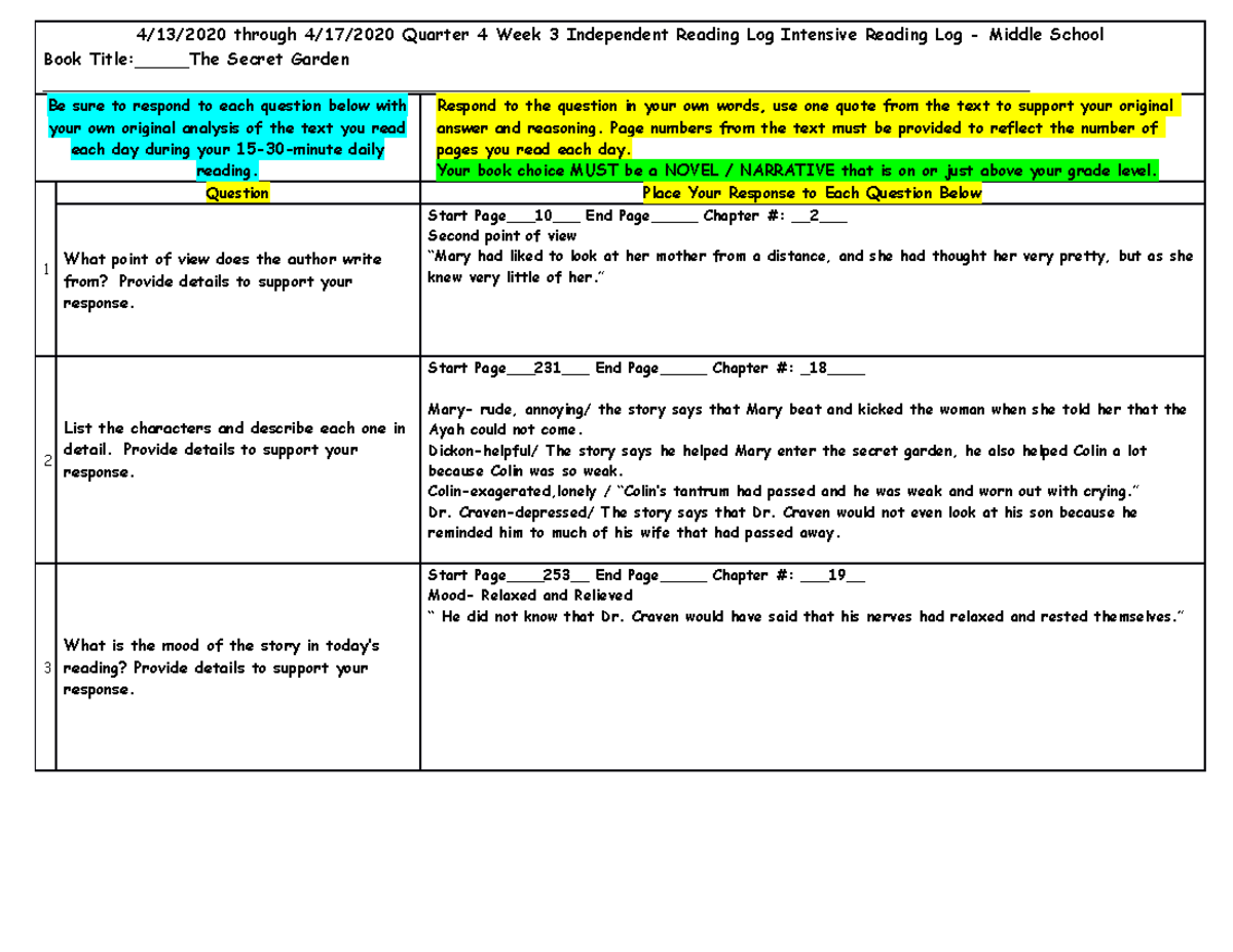 Reading Log Q4 Log 3 - 4/13/2020 through 4/17/2020 Quarter 4 Week 3 ...