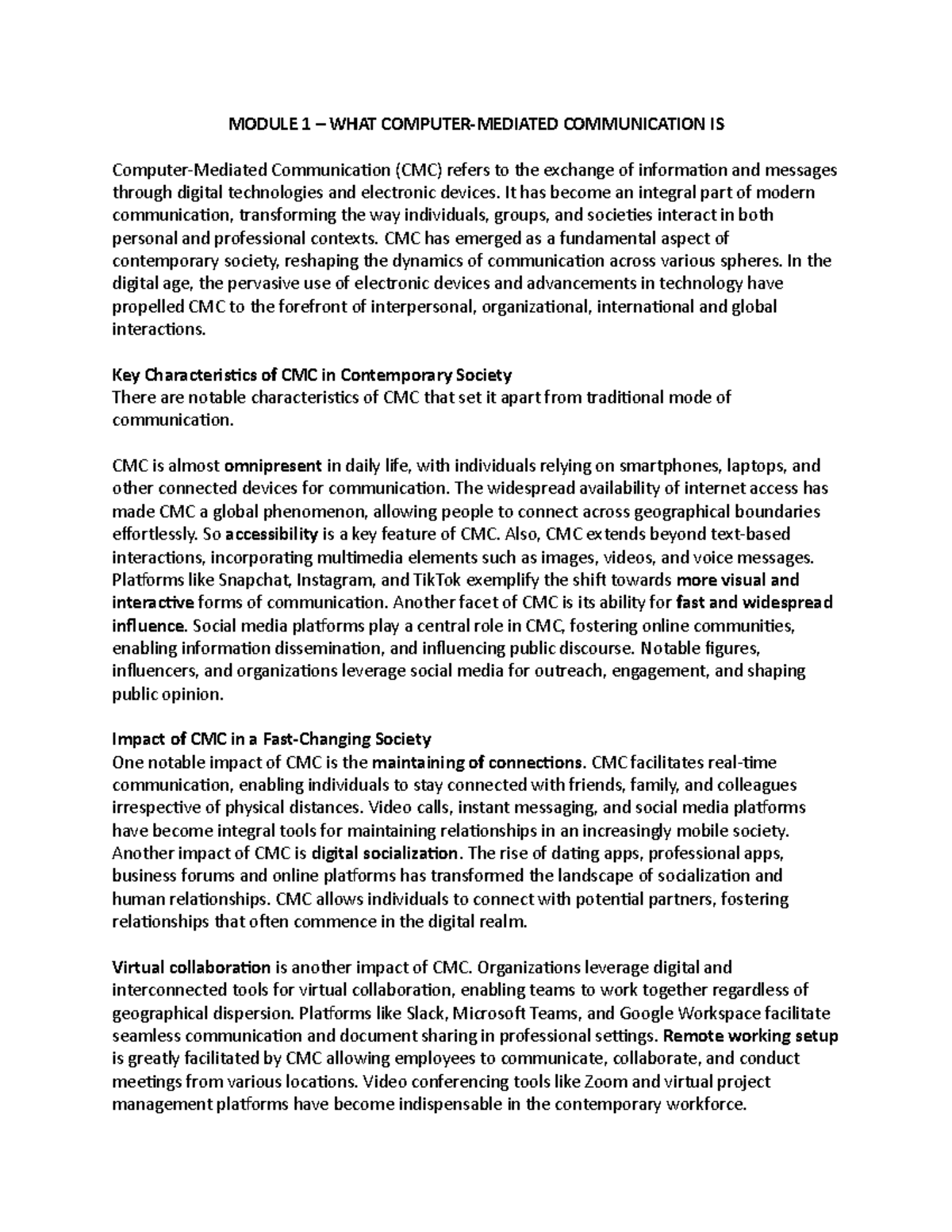 Module 1 Computer Mediated Communication 2024 Module 1 What Computer Mediated