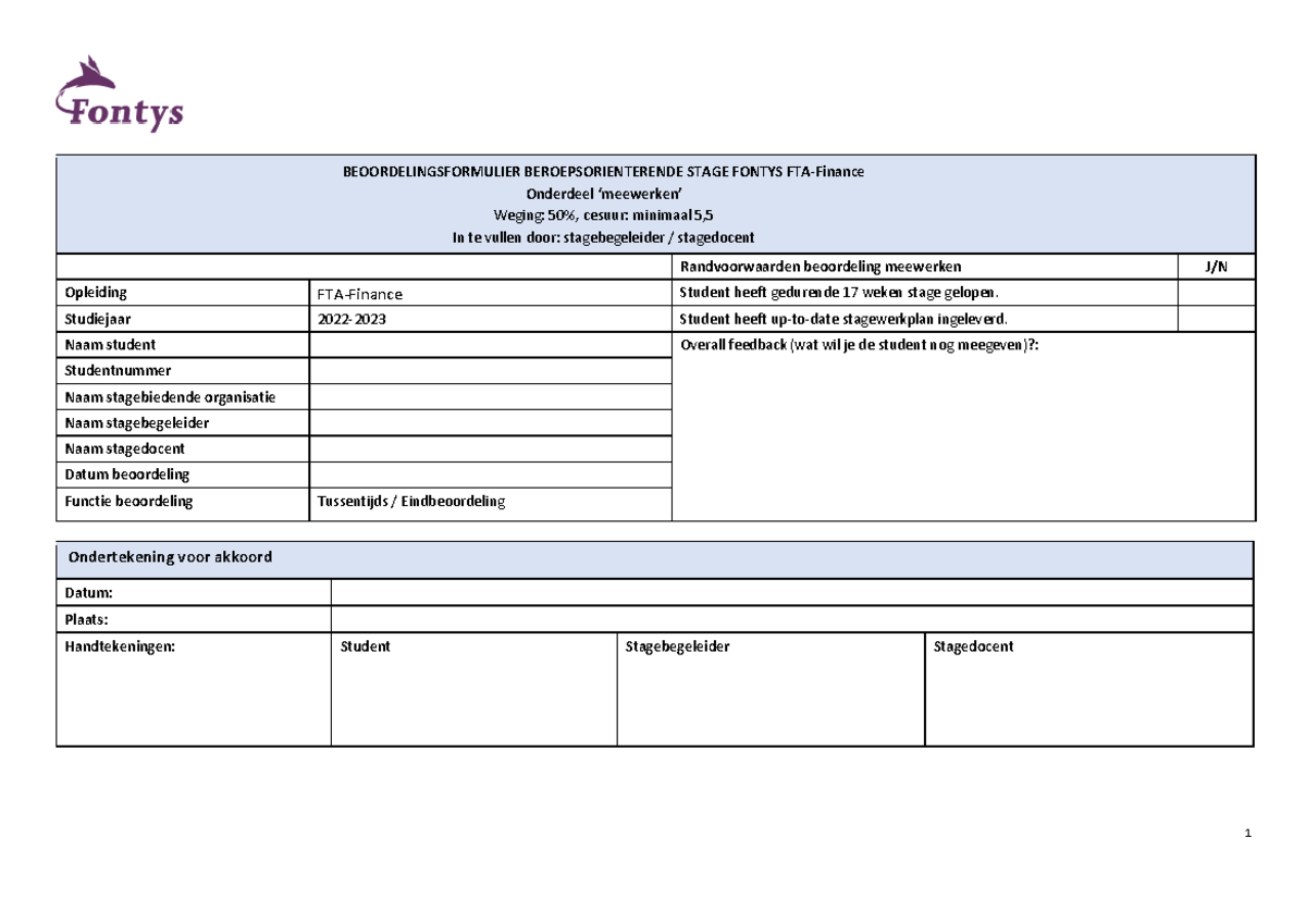 Beoordelingsformulier meewerken DEF - BEOORDELINGSFORMULIER BEROEPSORIENTERENDE STAGE FONTYS ...