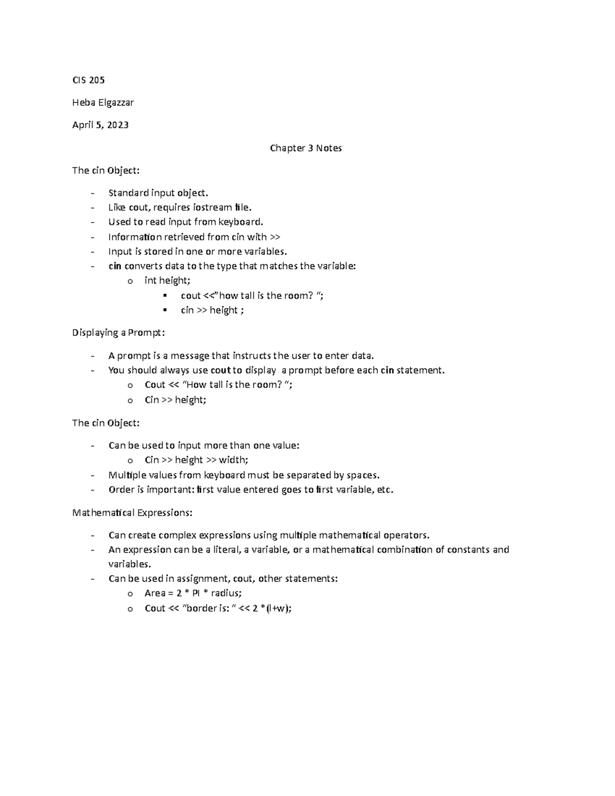 Cis 205 Ch3 Notes Elgazzar Cis 205 Heba Elgazzar April 5 2023 Chapter 3 Notes The Cin 