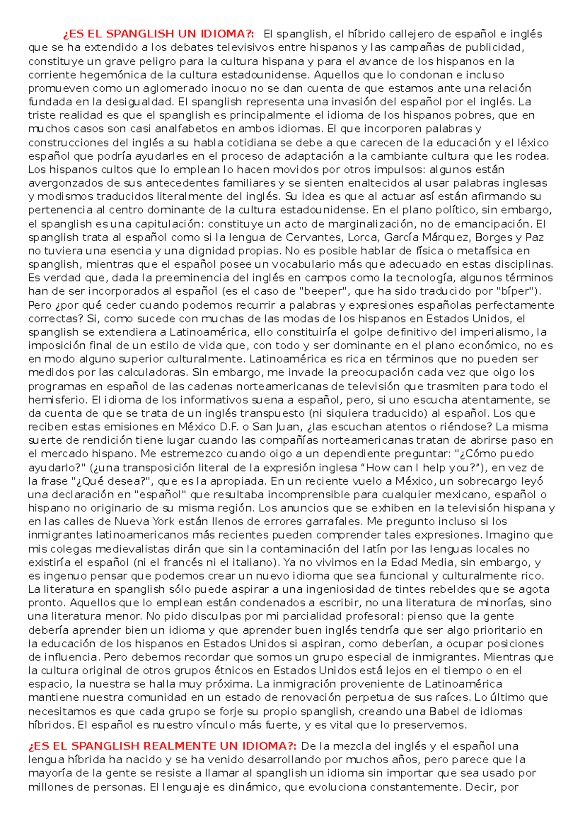Spanglish - Resumen - ¿ES EL SPANGLISH UN IDIOMA?: El spanglish, el ...