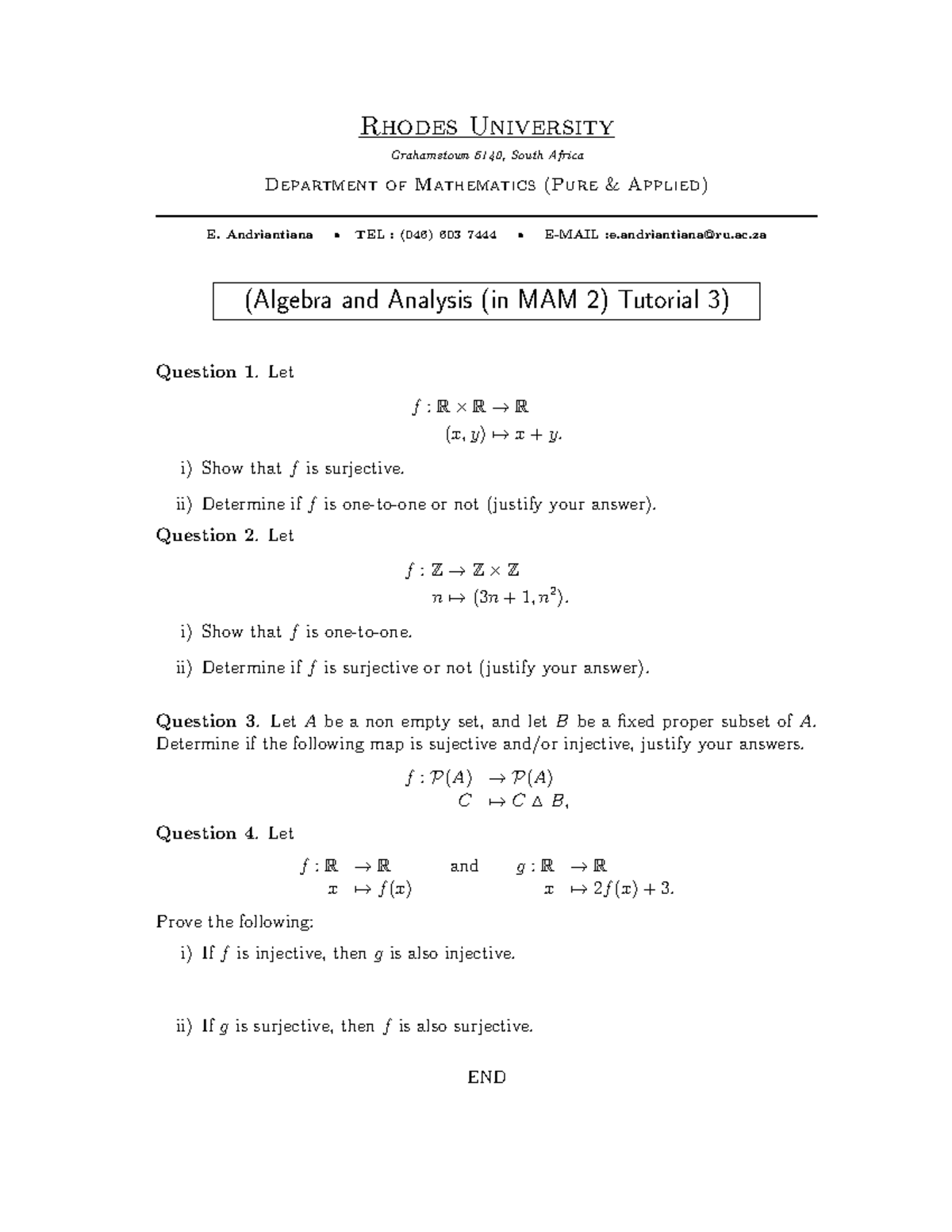 Tutorial 3 2021 - Analysis - Rhodes University Grahamstown 6140, South ...