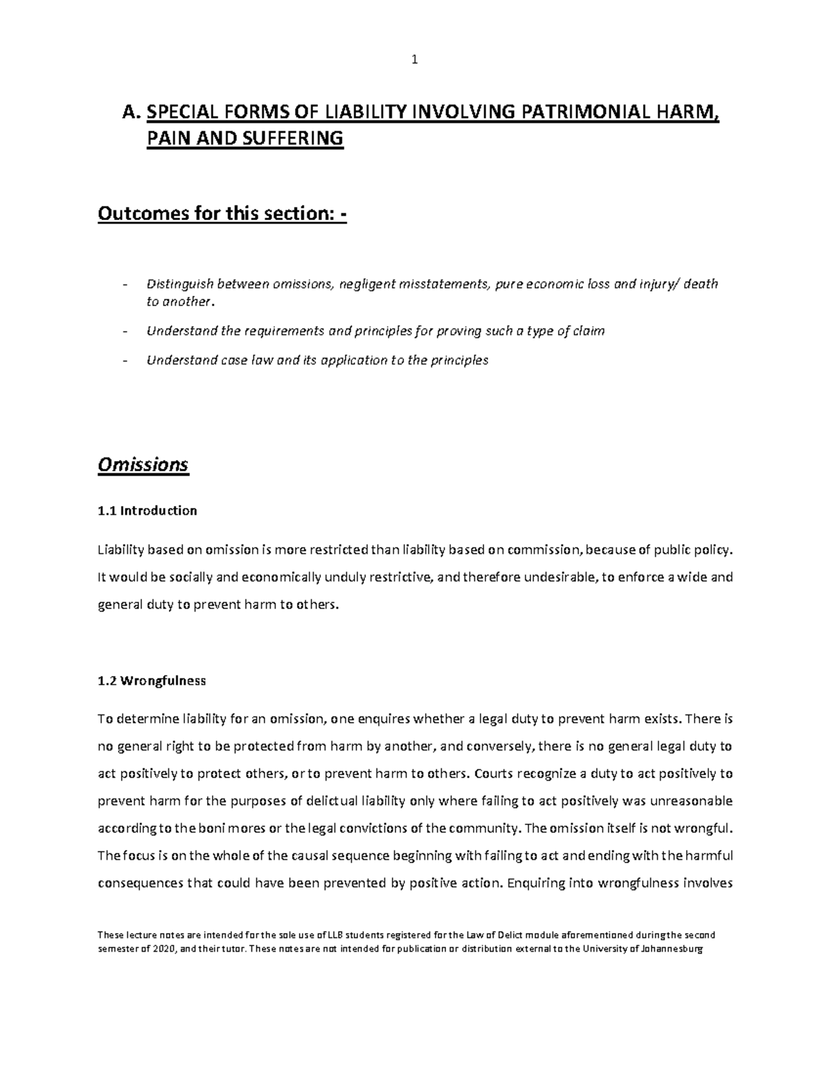 PART A Notes Special forms of liability involving pat loss etc - A ...