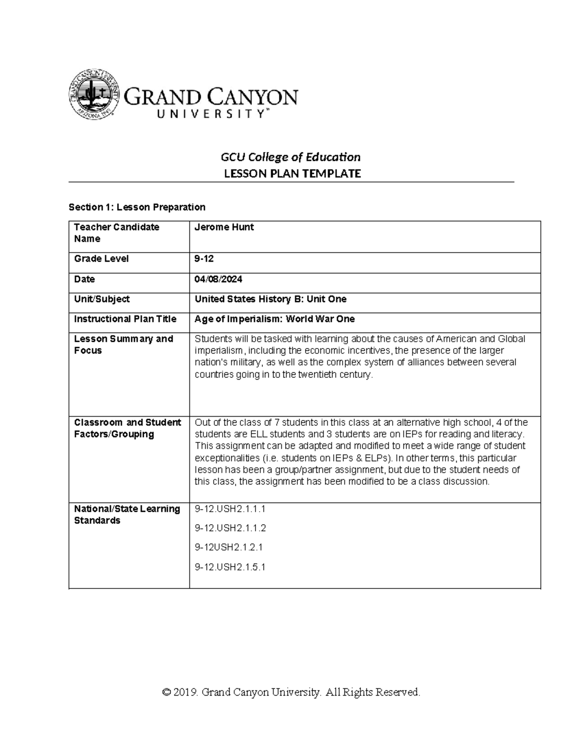 Modified History Lesson - GCU College of Education LESSON PLAN TEMPLATE ...
