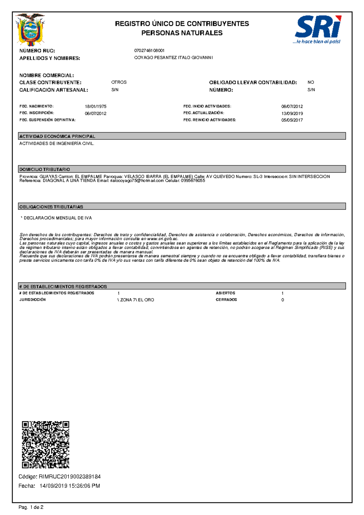Certificado RUC - REGISTRO ÚNICO DE CONTRIBUYENTES PERSONAS NATURALES ...
