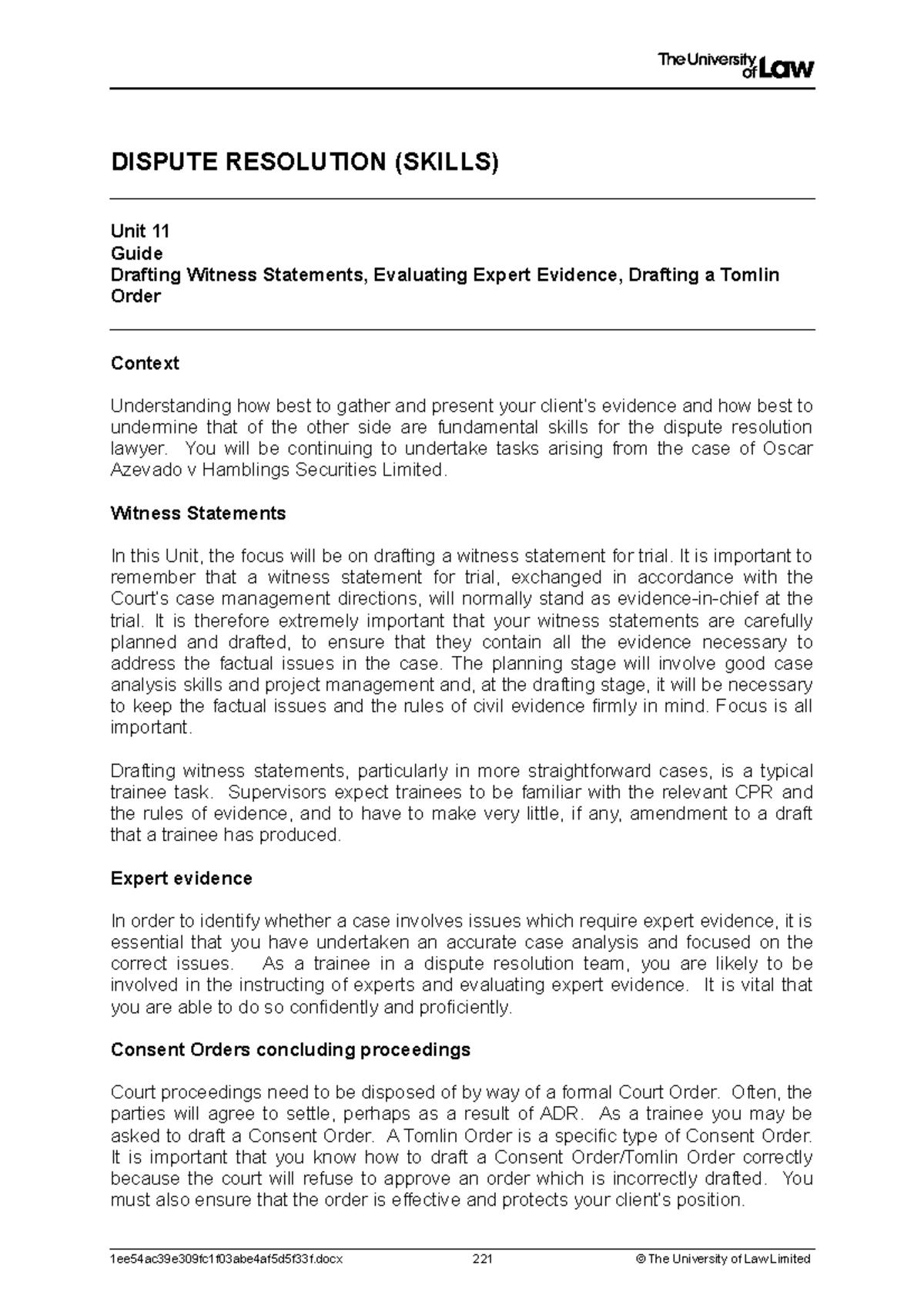 Dispute Workshop 11 - DISPUTE RESOLUTION (SKILLS) Unit 11 Guide ...