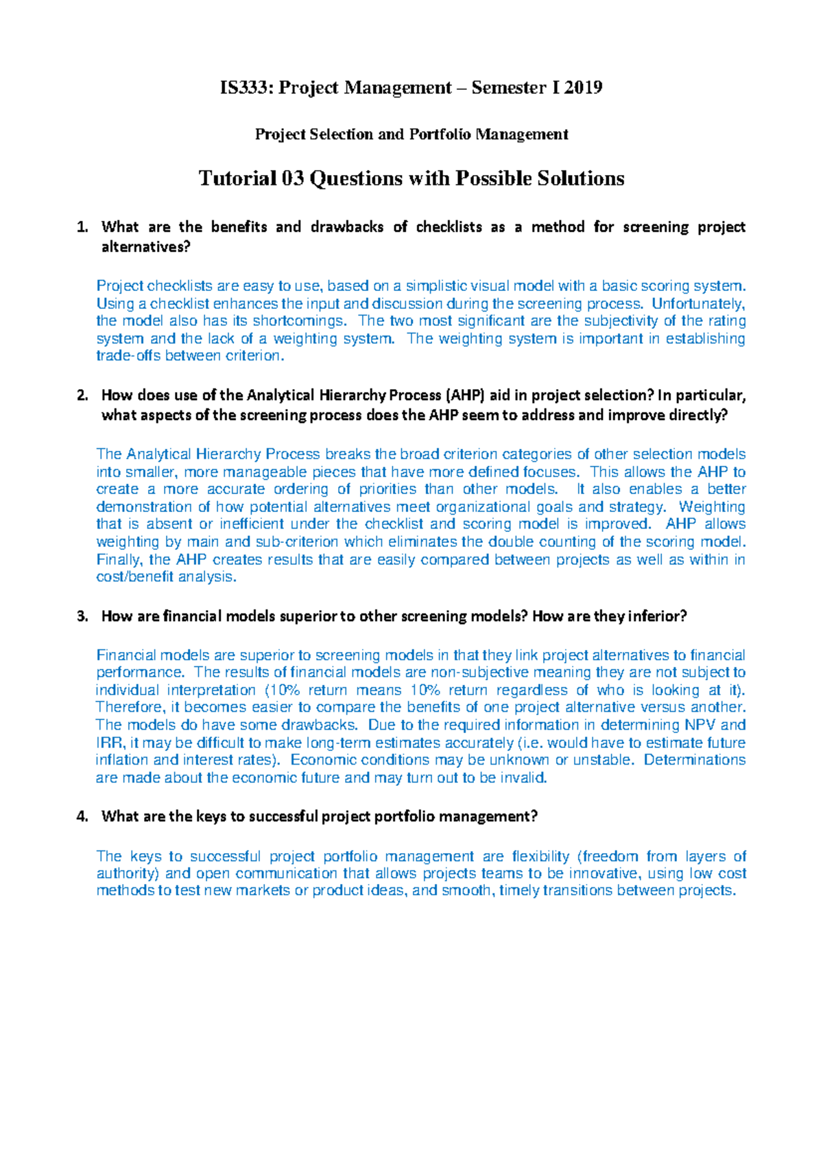 Tutorial 03 with Questions and Possible Solutions - IS333: Project Management – Semester I 2019 ...