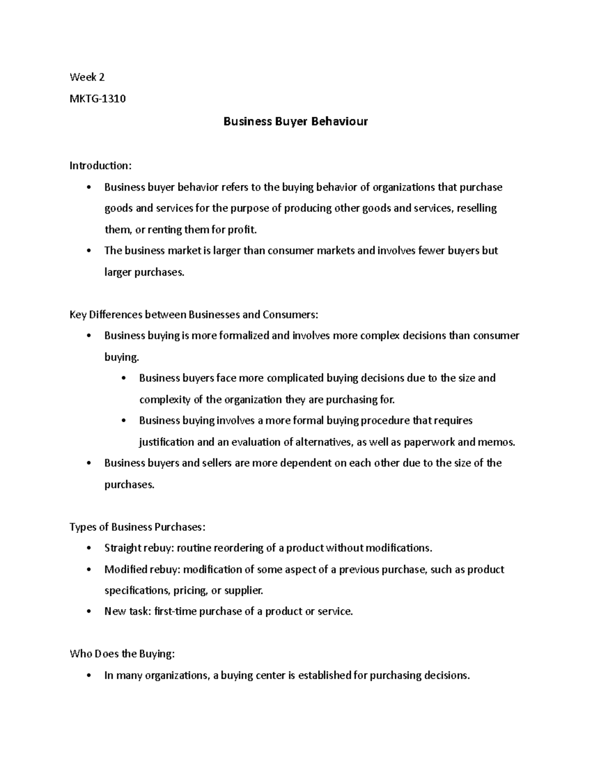 Business Buyer Behaviour - Week 2 MKTG- Business Buyer Behaviour ...