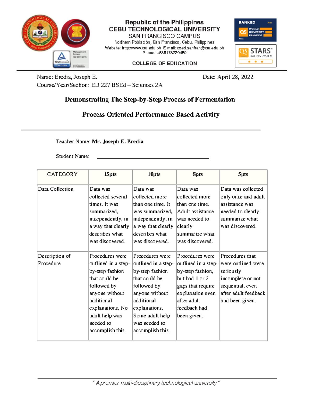 ED 227 - Analytic Rubric for Process & Product Oriented Performance ...