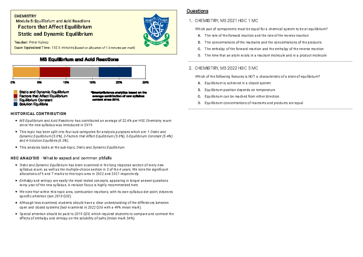 HSC Equilibrium Q A Pt 1 - CHEMISTRY Module 5: Equilibrium and Acid ...
