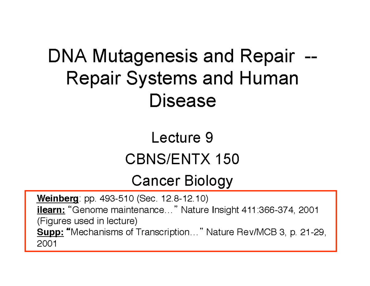 L9 CB14 - Dr. Sladek - DNA Mutagenesis and Repair - Repair Systems and ...