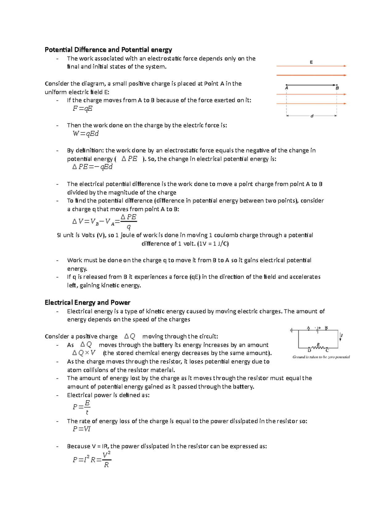 Electricity 3 Notes - Potential Difference and Potential energy The ...