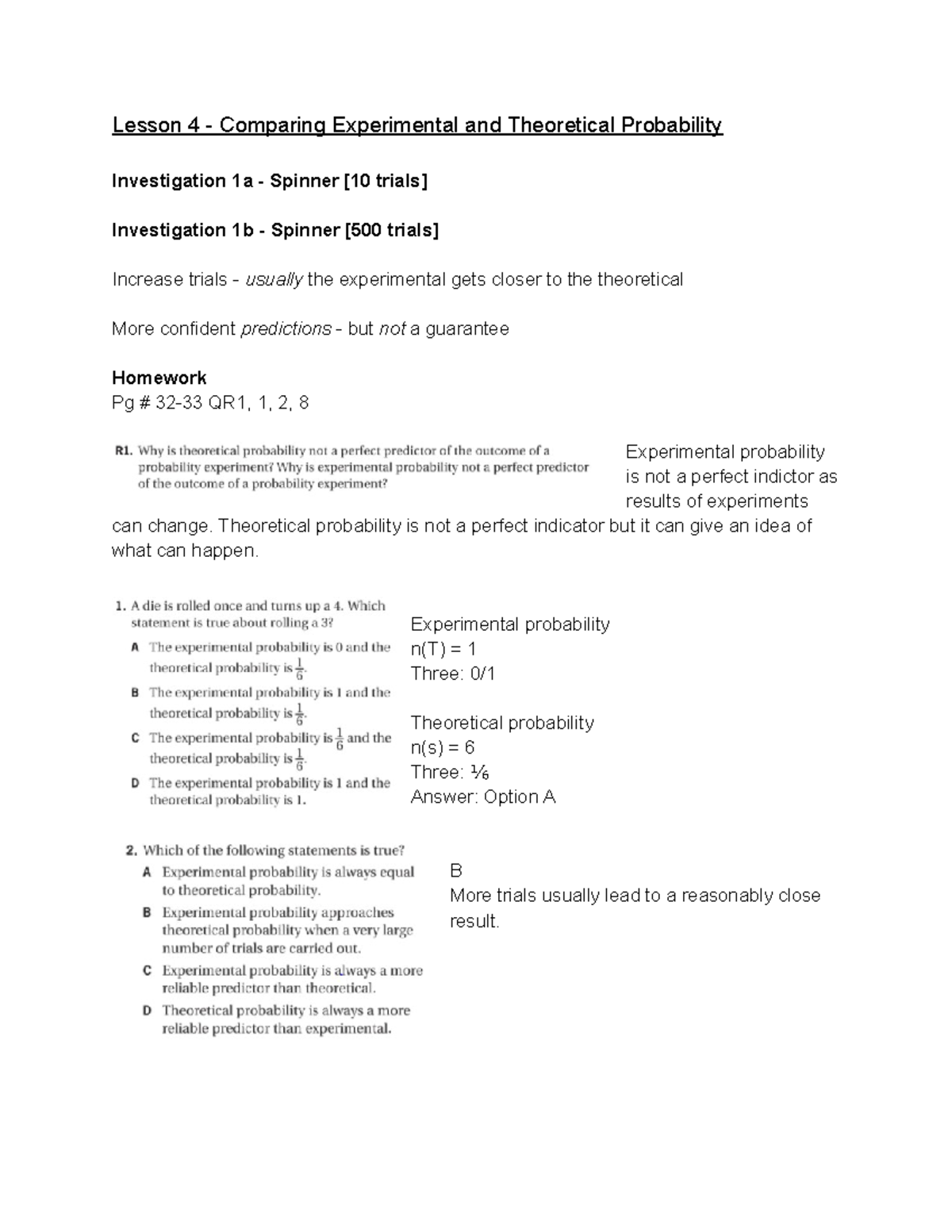 Unit 1 Lecture 4 - Comparing Experimental and Theoretical Probability ...