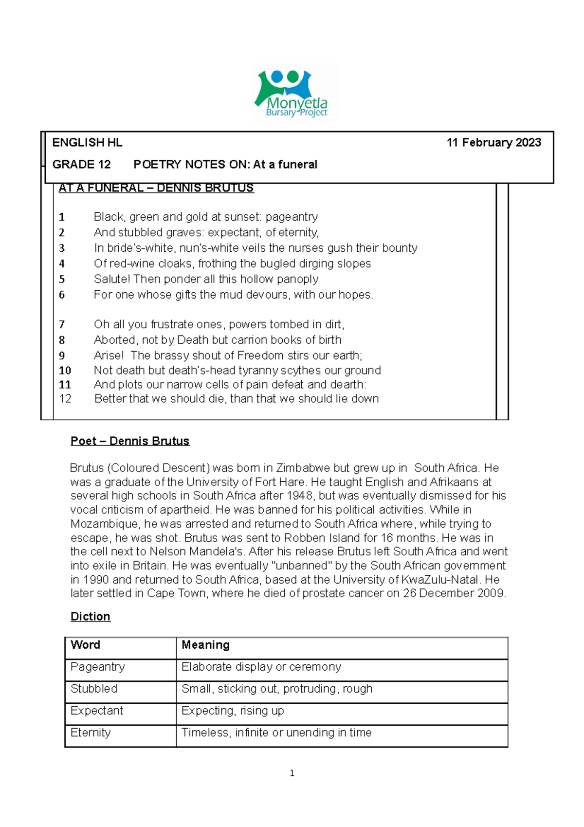 At-a-funeral - use it for study - At a funeral Dennis Brutus AT A ...